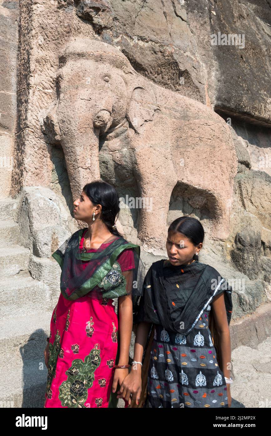 Elephant sculptures at the entrance to Cave 16 at Ajanta, Maharashtra ...