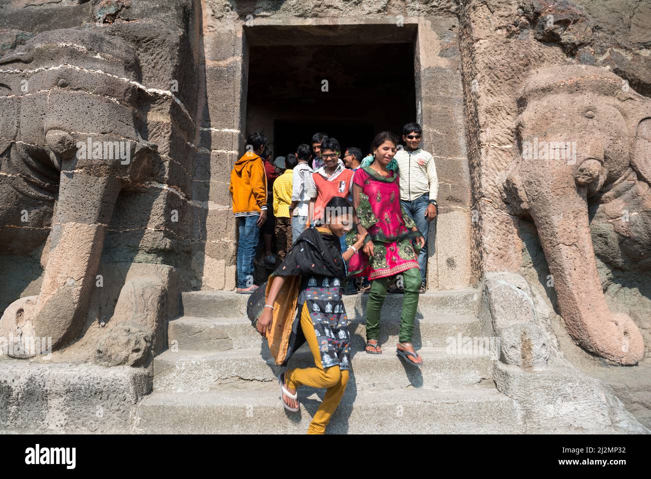 Elephant sculptures at the entrance to Cave 16 at Ajanta, Maharashtra ...