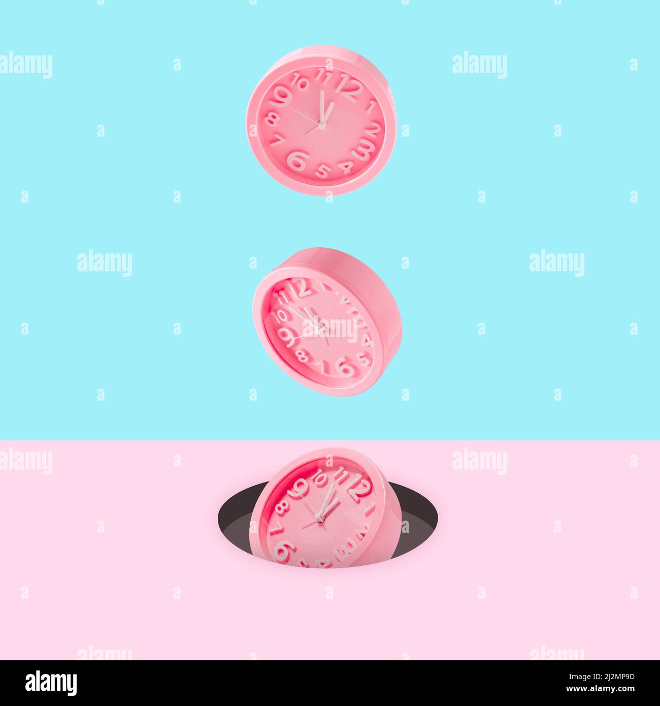 Pastel pink wall clocks on blue backdrop falling down. Time concept ...