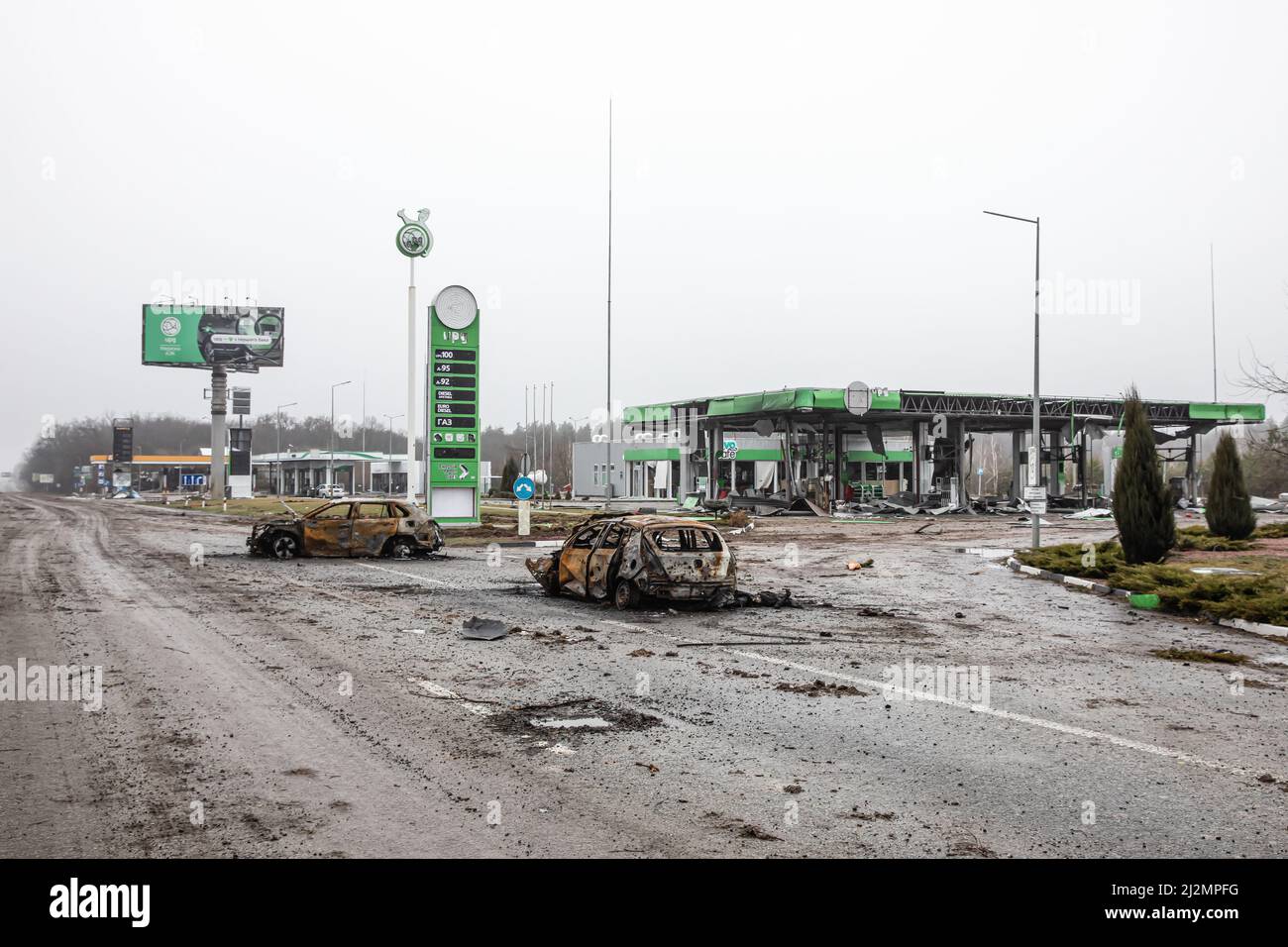 Bucha, Ukraine. 02nd Apr, 2022. A destroyed car seen on a highway 20km ...