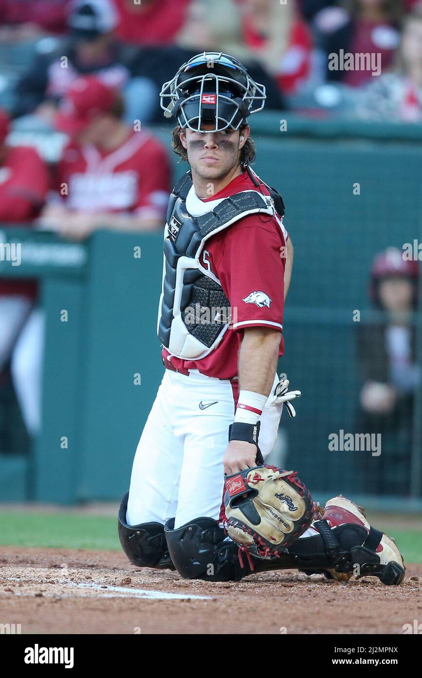 April 2, 2022: Razorback catcher Michael Turner #12 glances into the ...