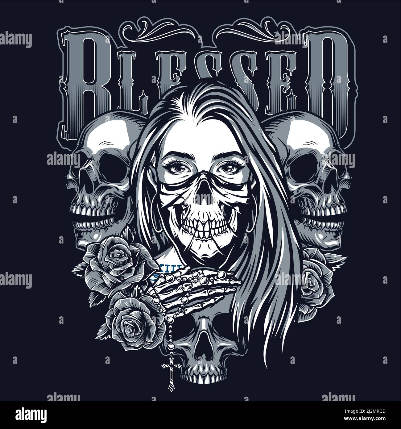 Vintage chicano tattoo monochrome template with girl head in scary mask ...