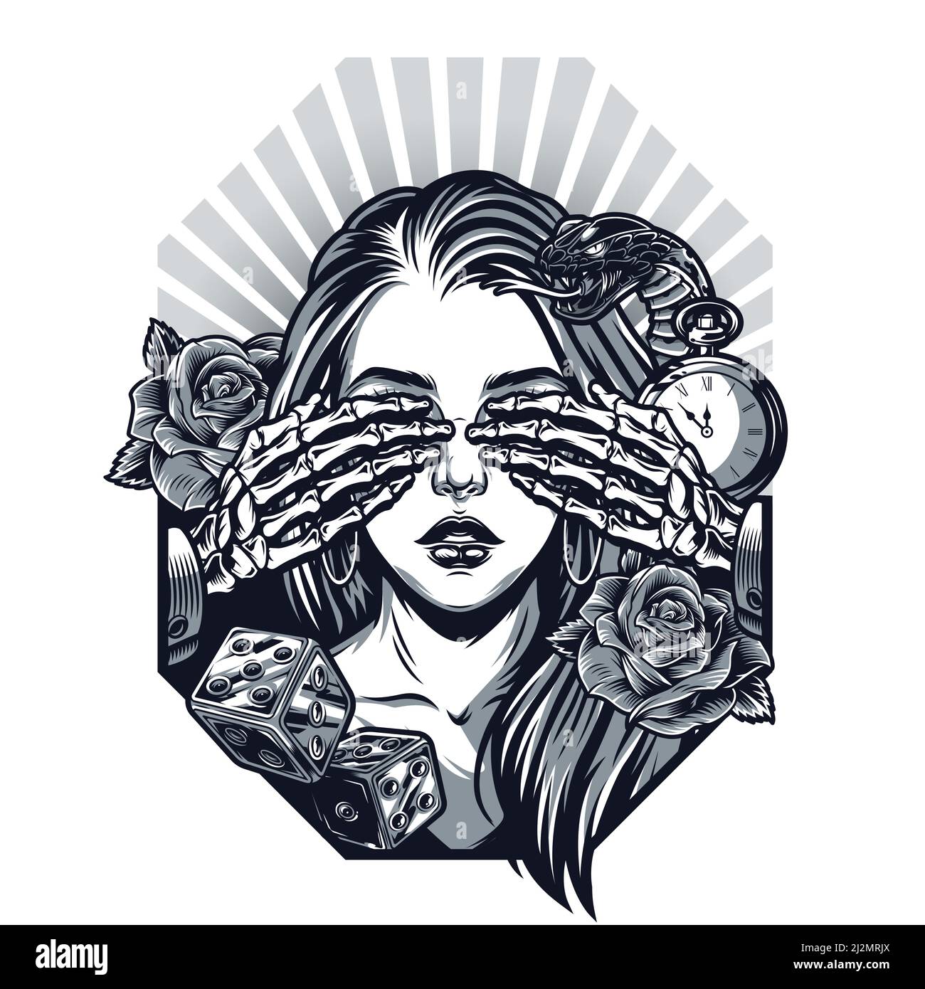 Vintage chicano tattoo concept with pocket watch dice roses snake ...