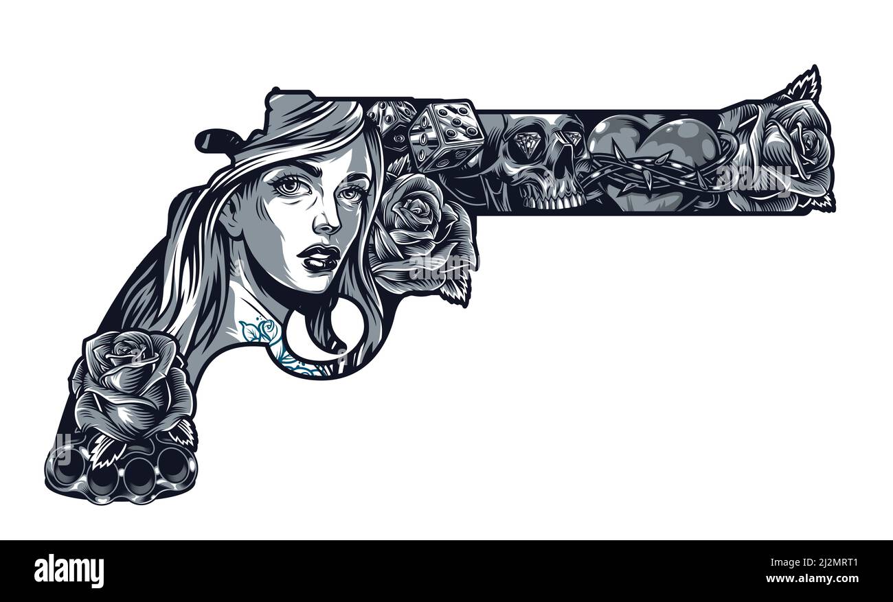 Vintage chicano tattoo concept in gun shape with pretty girl roses dice ...