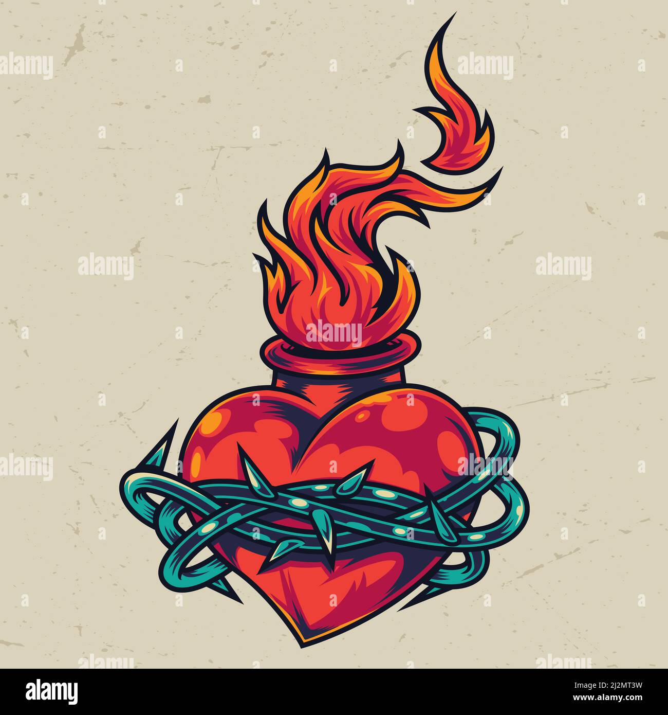 Vintage fiery heart colorful template with barbed wire around it ...