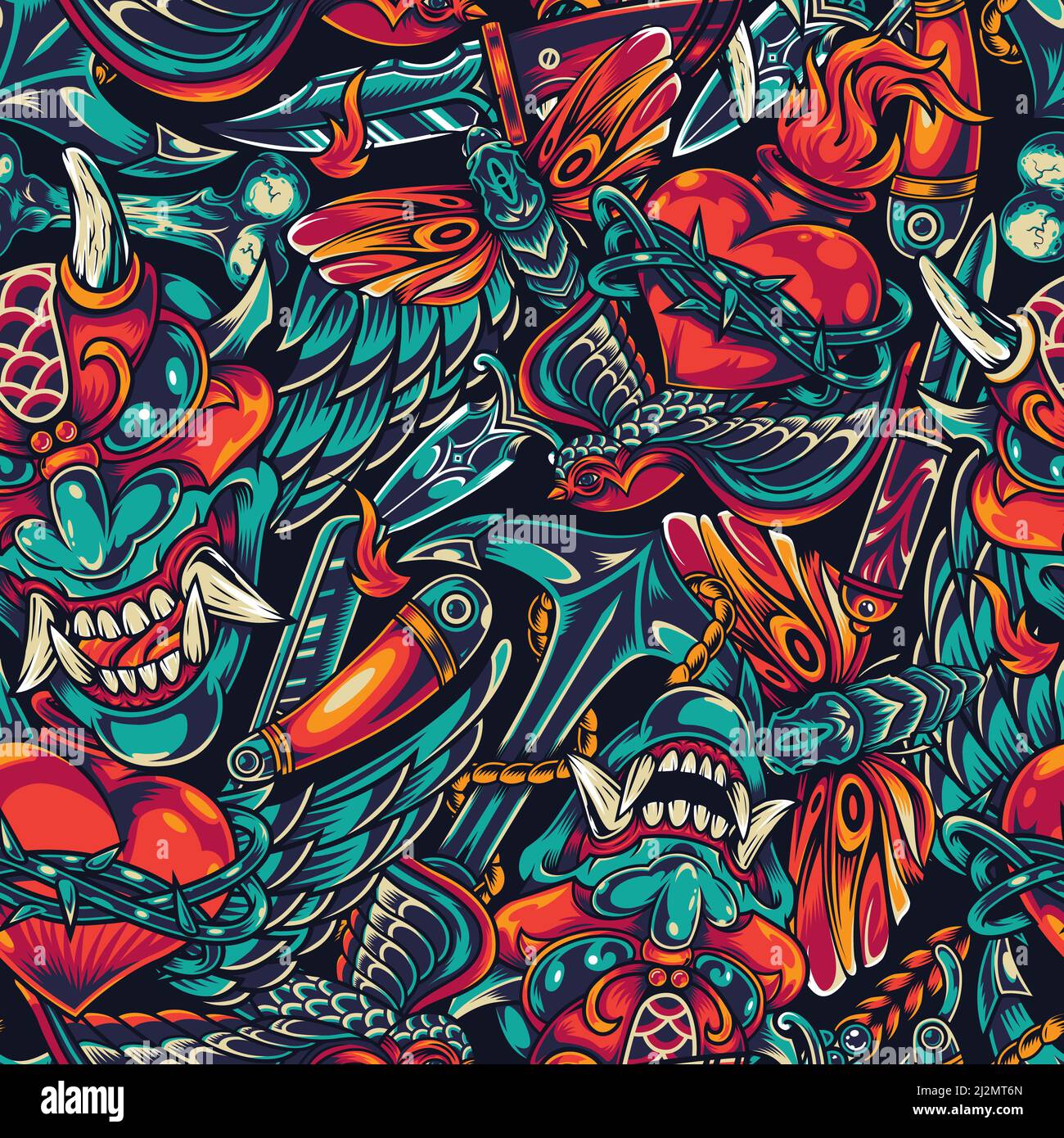 Vintage tattoos colorful seamless pattern with dagger knife devil head ...