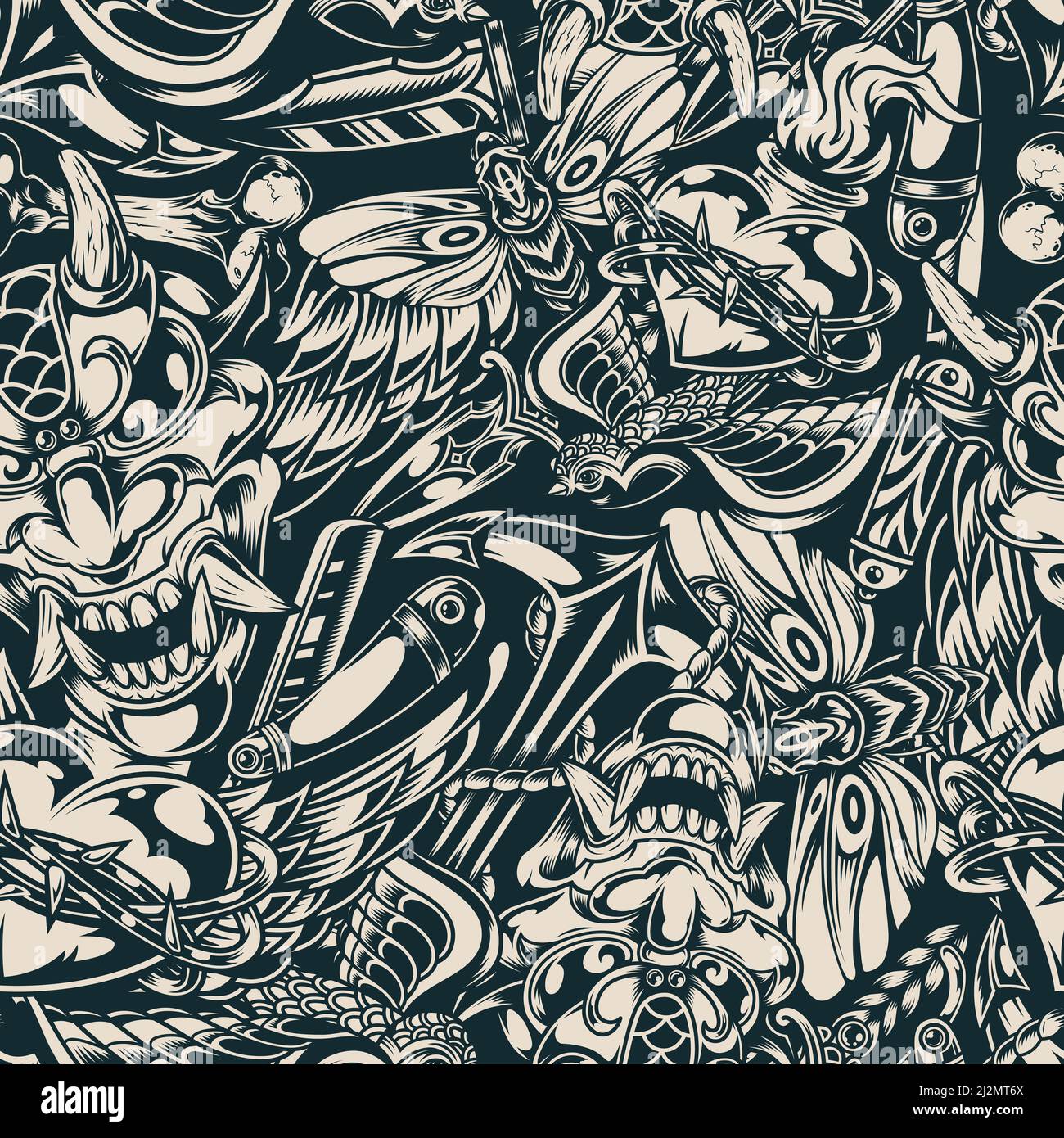 Vintage flash tattoos seamless pattern with devil head butterfly ...