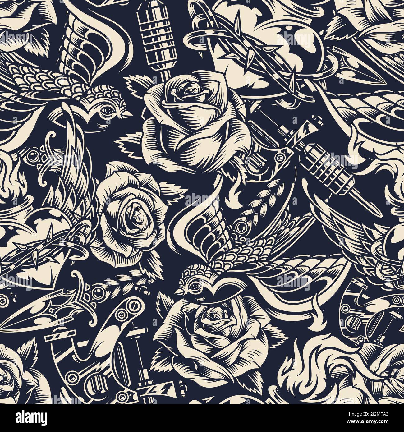 Vintage monochrome tattoos seamless pattern with beautiful roses ...