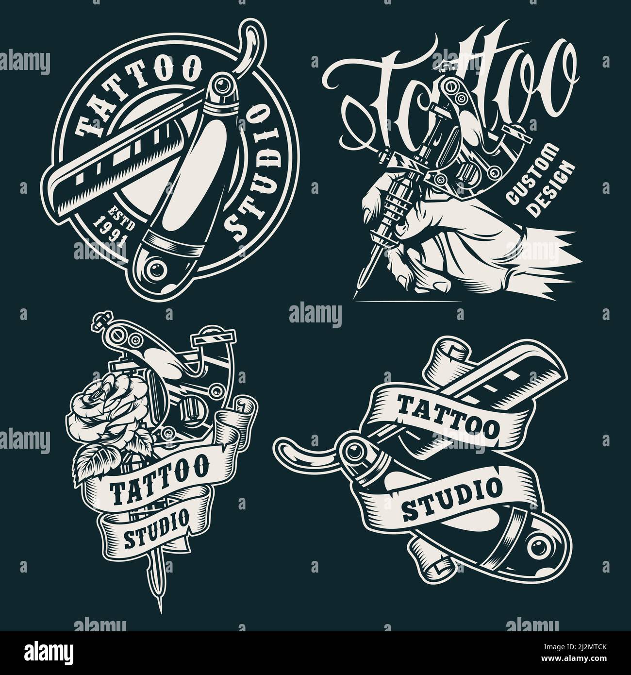 Vintage monochrome tattoo salon badges with master hand holding tattoo ...
