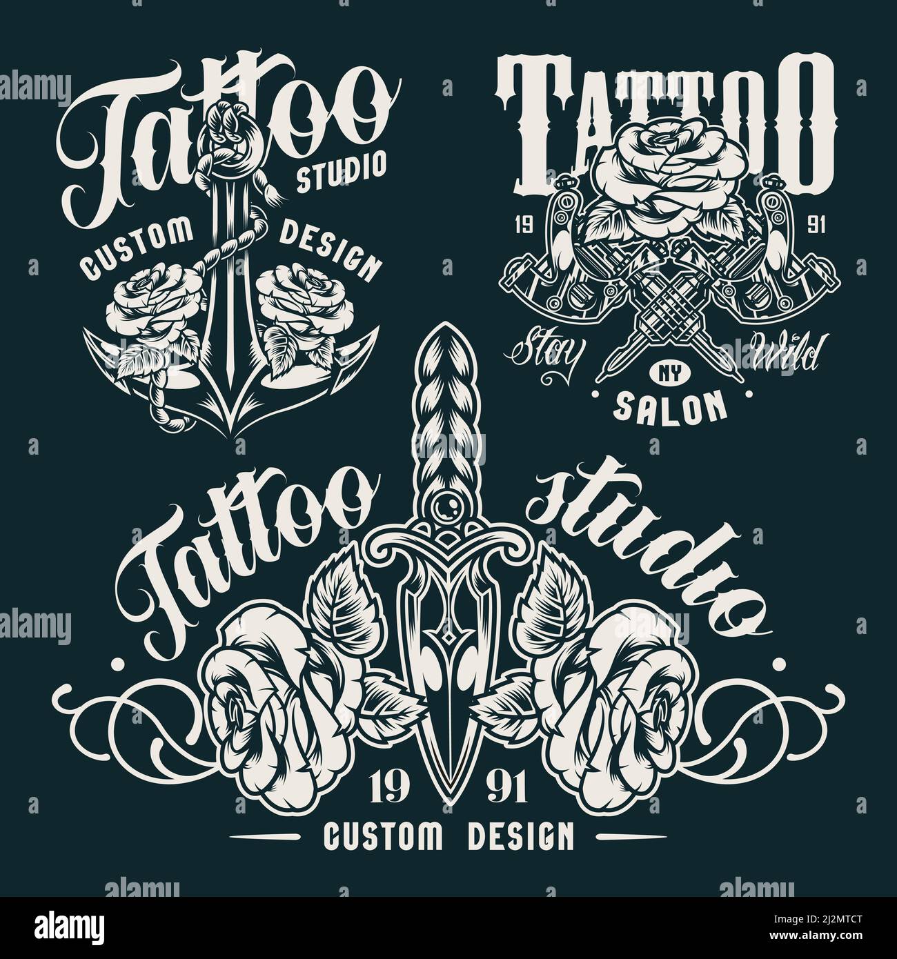 Vintage monochrome tattoo salon emblems with dagger crossed tattoo ...
