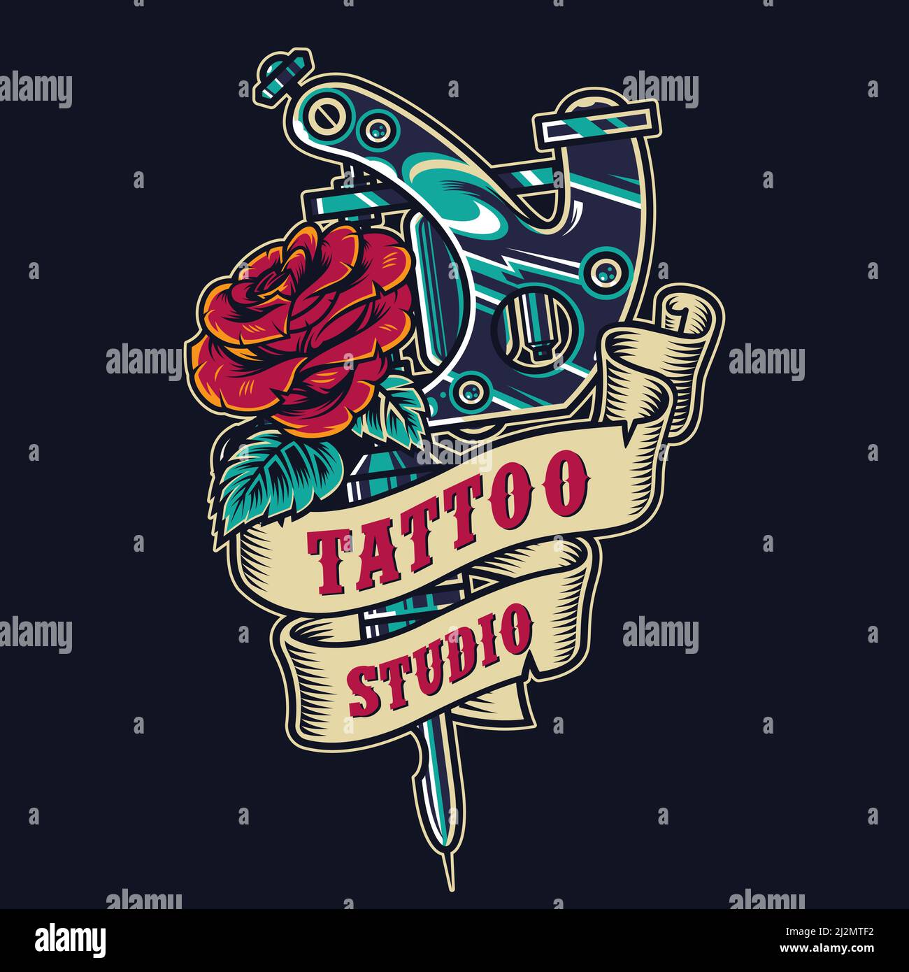 Tattoo salon vintage colorful badge with ribbon around professional ...