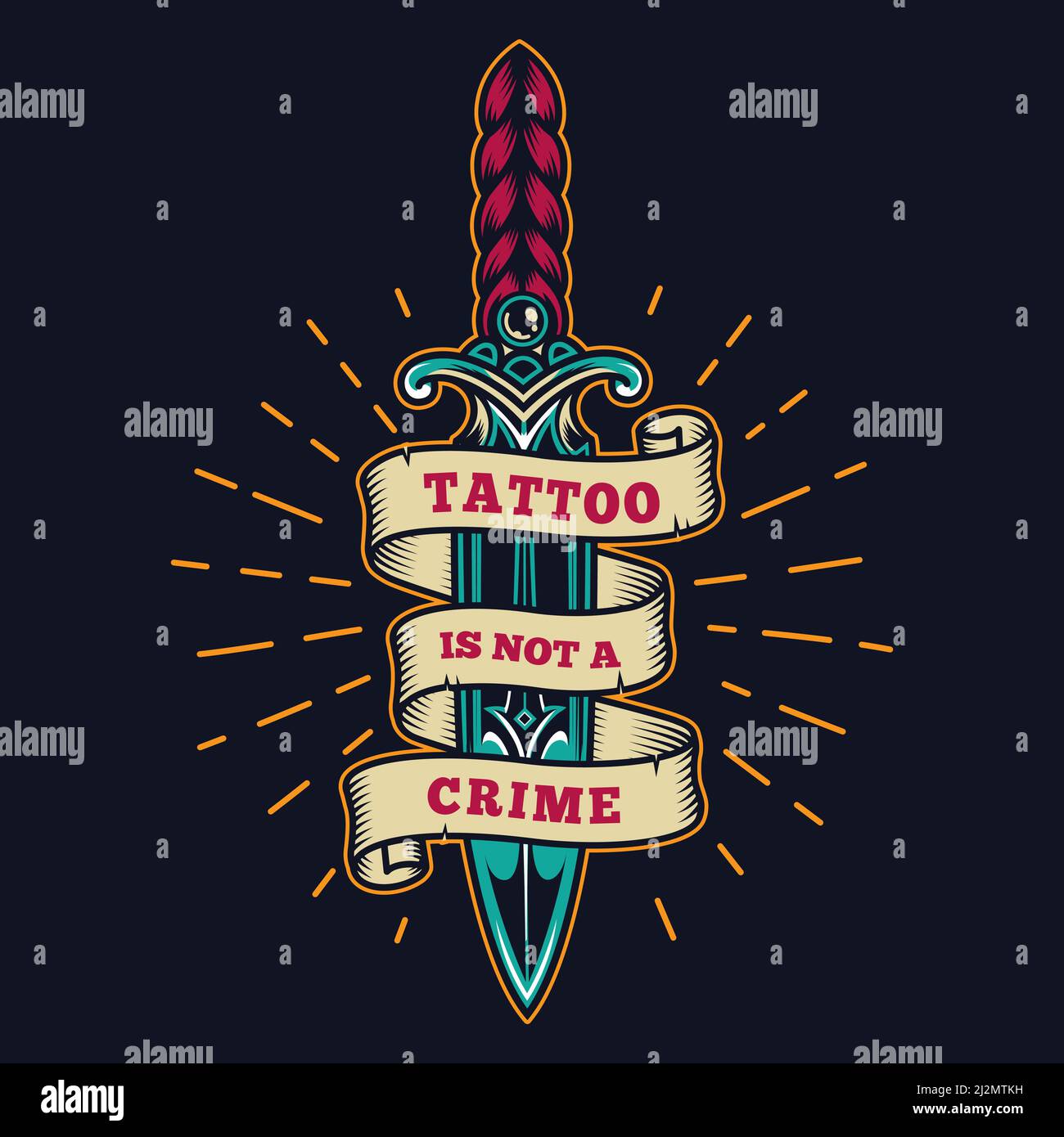 Vintage tattoo studio colorful print with ribbon around dagger on dark ...