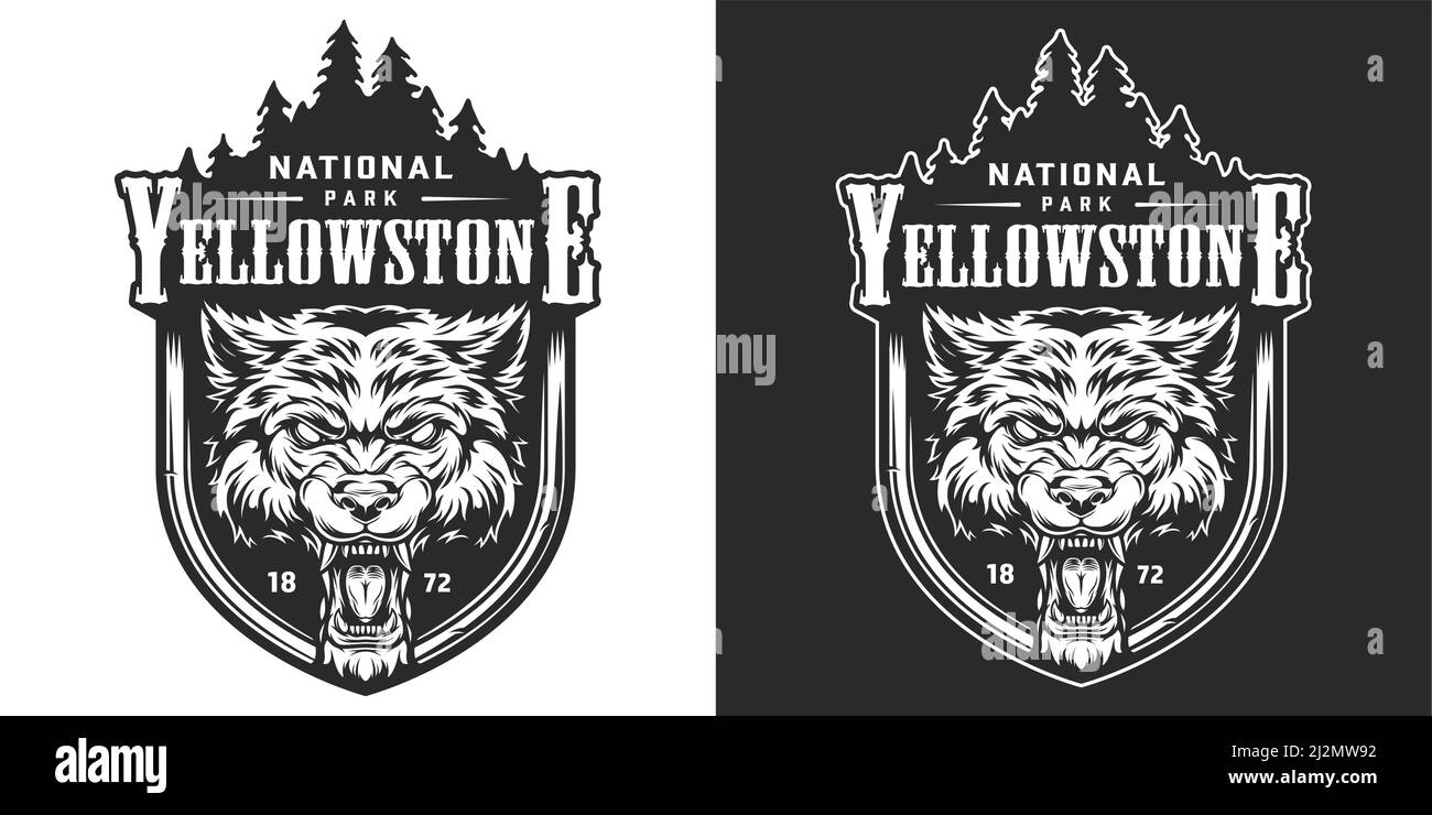 Vintage Yellowstone national park emblem with angry ferocious wolf head ...