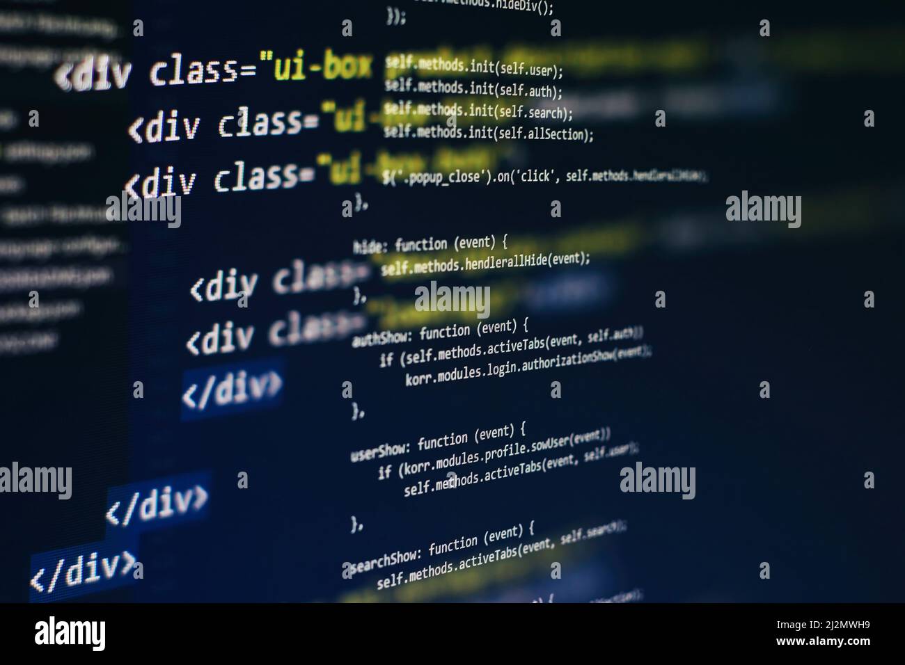 Desktop PC monitor photo. Javascript functions, variables, objects. Project managers work new ...