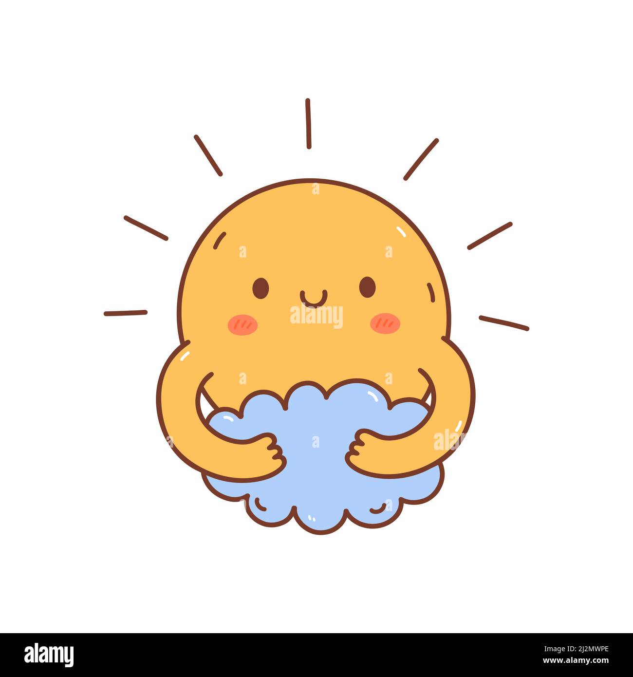 Cute sun hugging a cloud isolated on white background. Vector hand ...