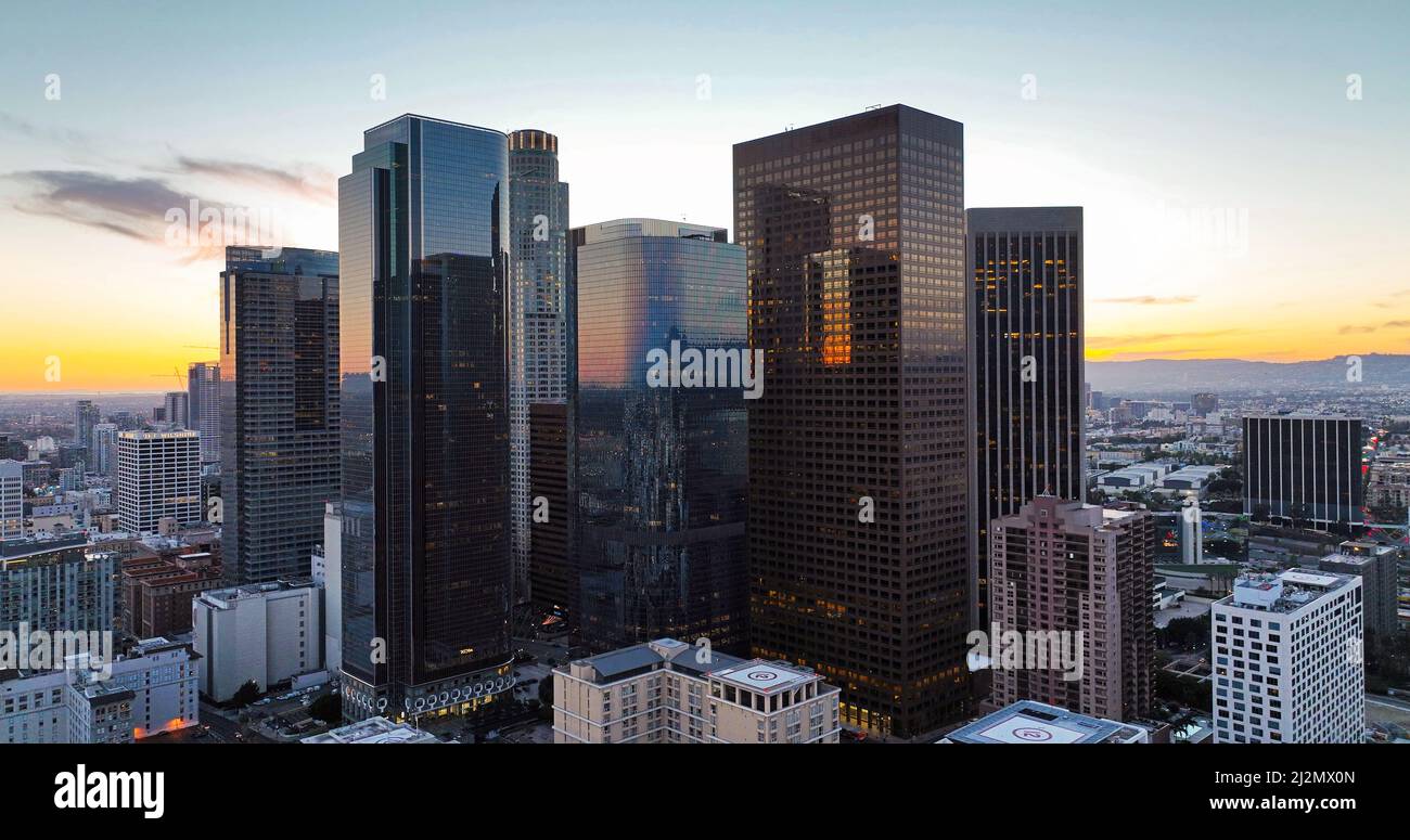 Los Angeles skyline and skyscrapers. Downtown Los Angeles aerial view ...