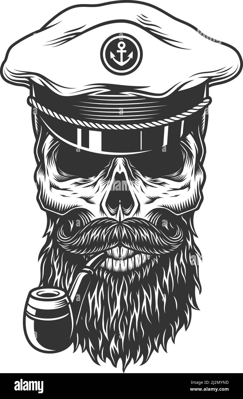 Monochrome vintage skull in sea captain style. Vector illustration ...