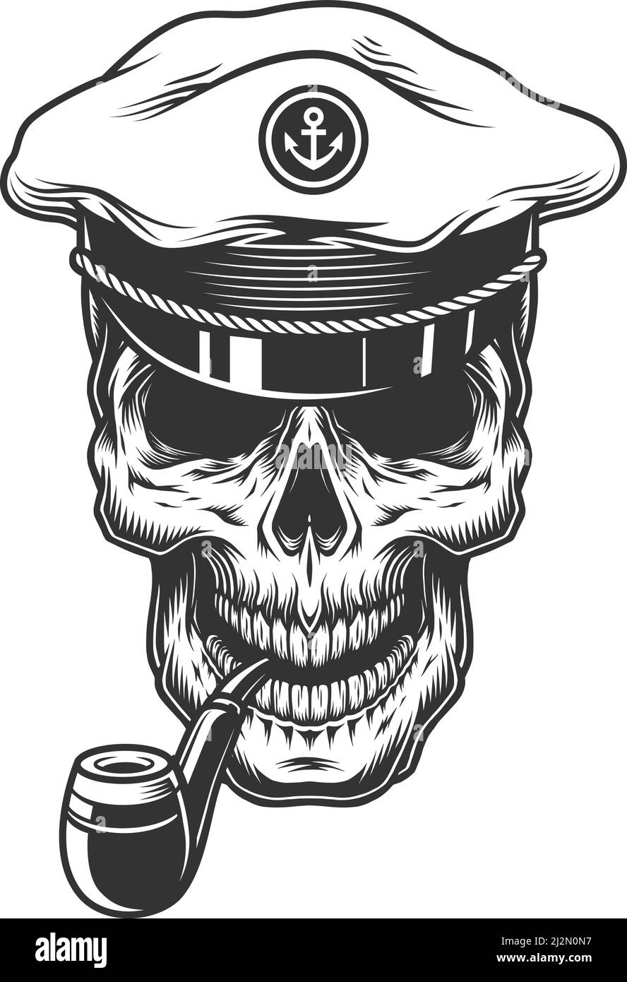 Skull with pipe in the captain hat. Vector illustration Stock Vector ...