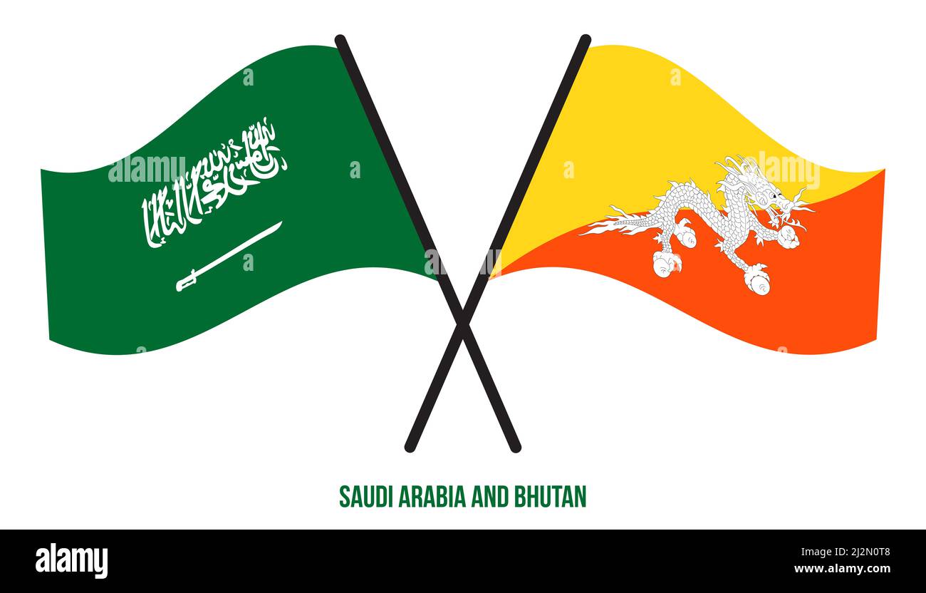 Saudi Arabia and Bhutan Flags Crossed And Waving Flat Style. Official ...