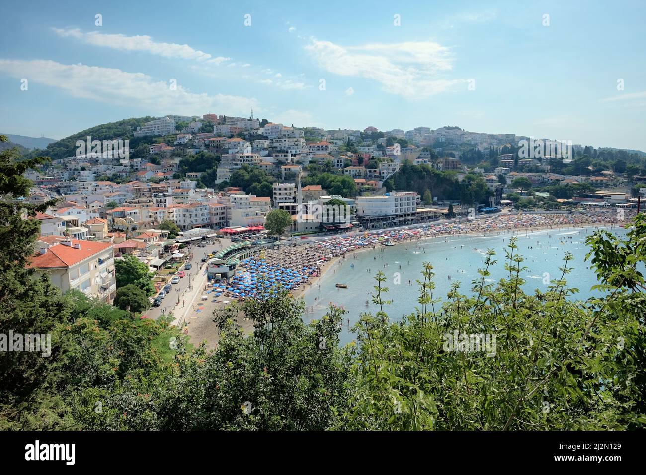 Ulcinj coast with crowded beach of Mala Plaza, Montenegro Stock Photo ...