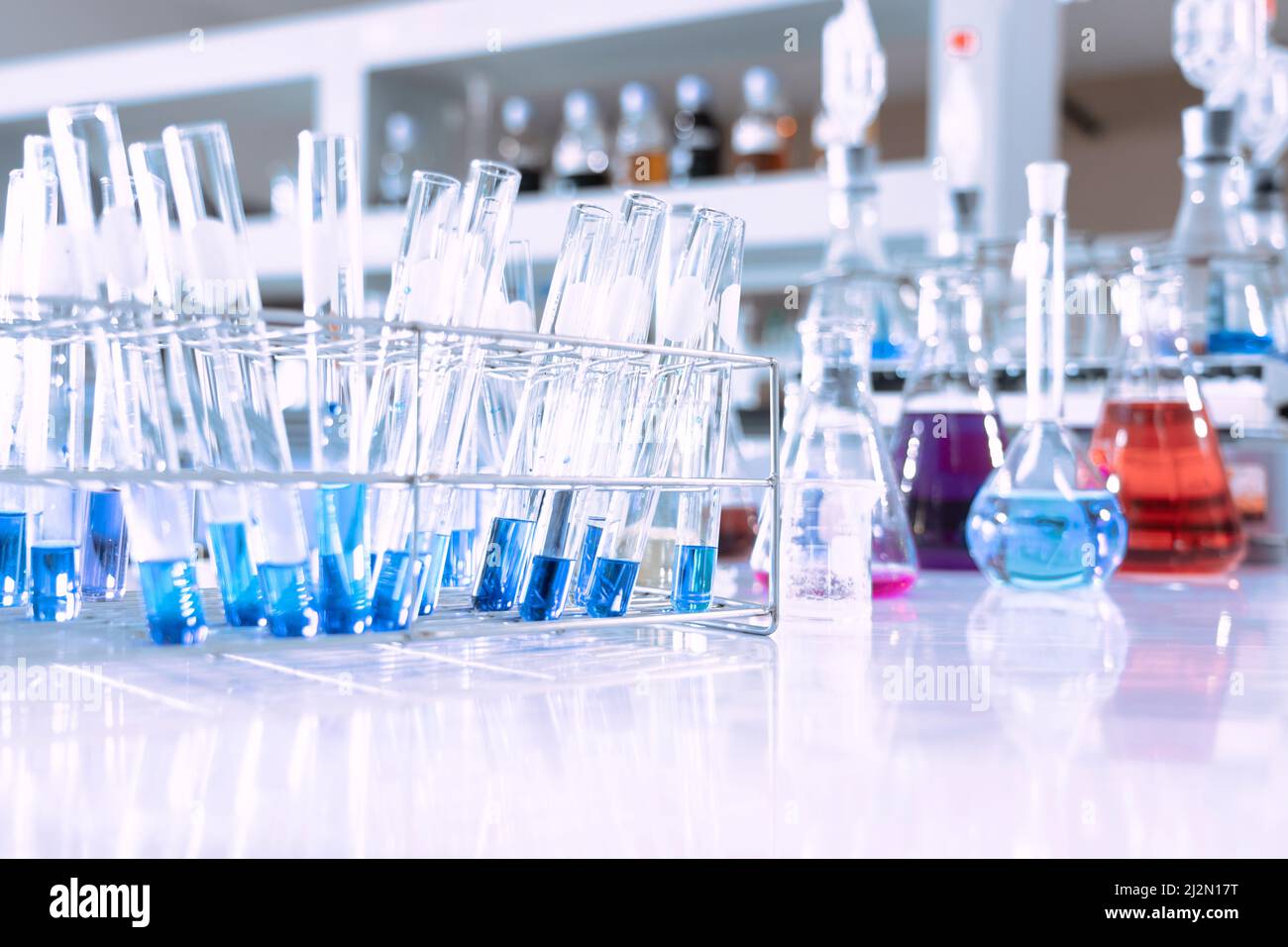 glass flask in chemical science education laboratory with molecular ...