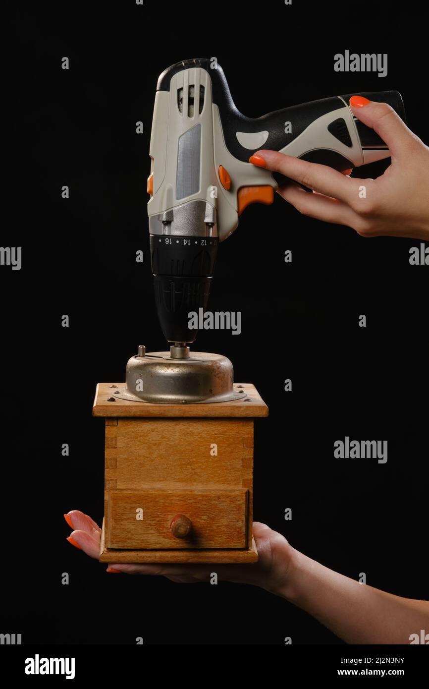 Hand-held coffee grinder in retro style with power drill or cordless ...