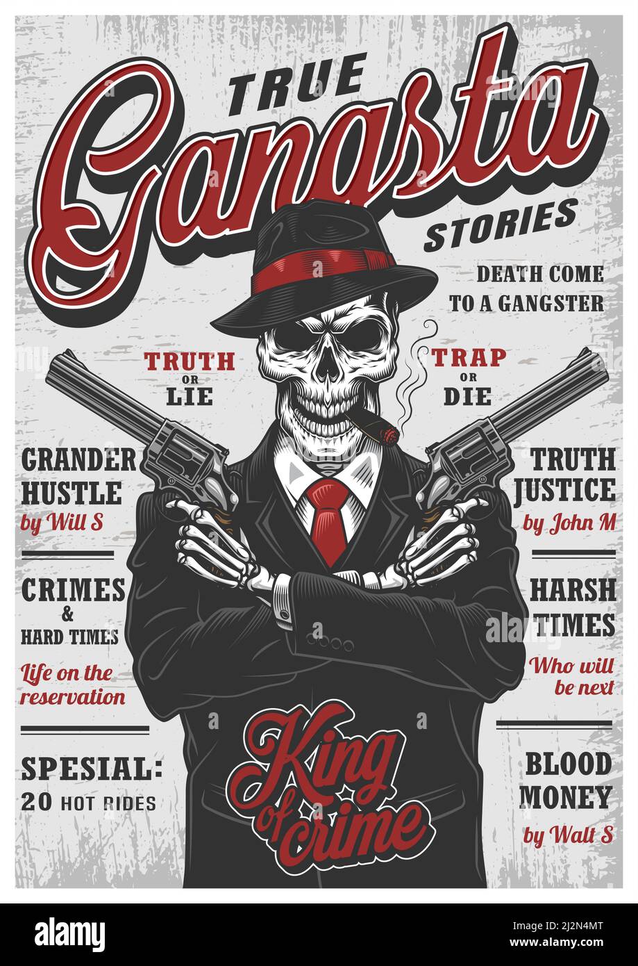 Gangsta skeleton magazine, with revolvers. Vector illustration Stock ...