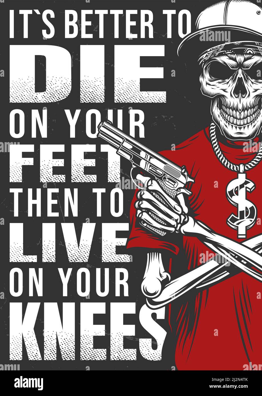 Gangsta poster with skeleton with gun. Vector illustration Stock Vector ...