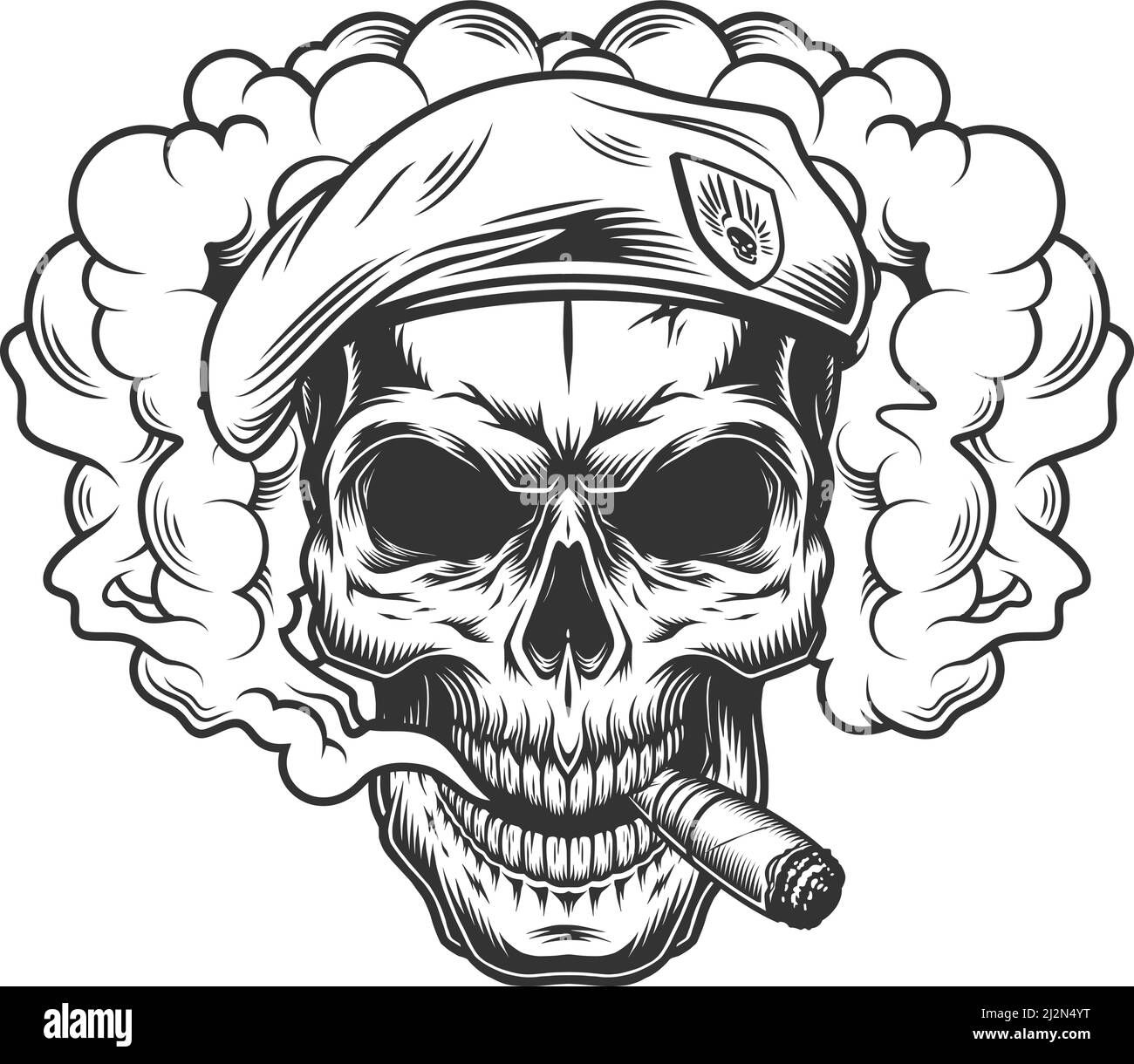 Skull in smoke cloud and beret hat. Vector illustration Stock Vector ...