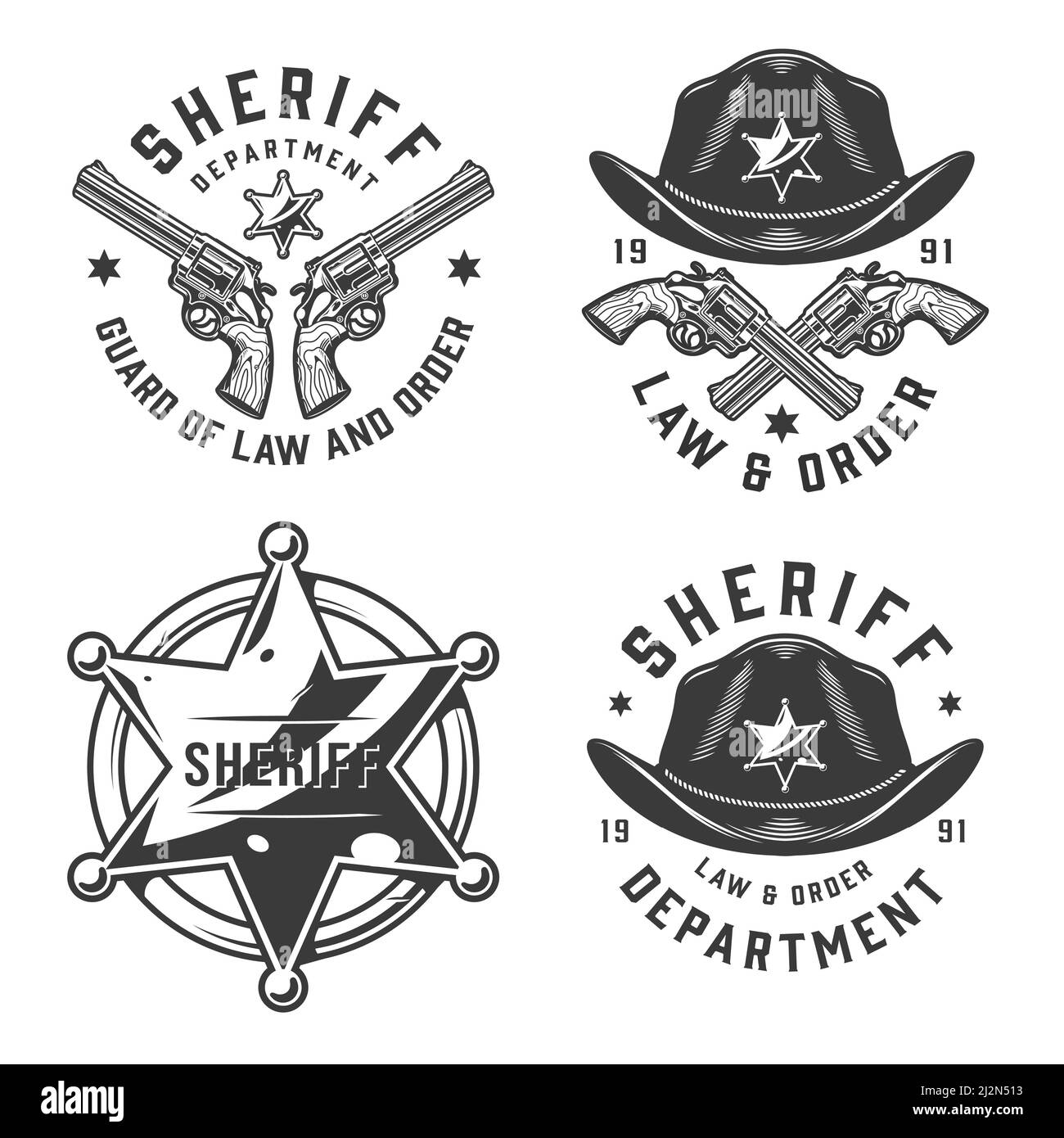 Monochrome vintage sheriff emblems. Vector illustration set Stock ...
