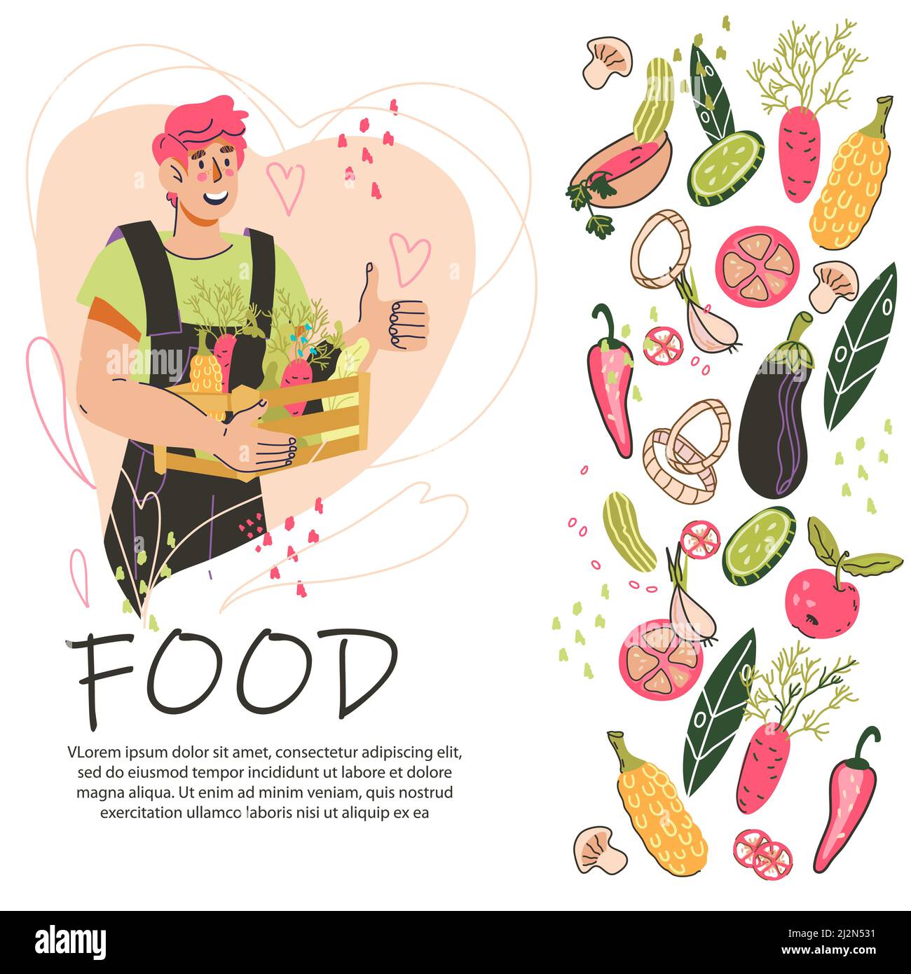 Food market banner or flyer layout. Farmer holding harvest of organic ...