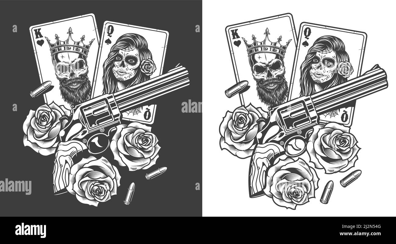 Gangsta concept with playing card, roses and revolver. Vector ...