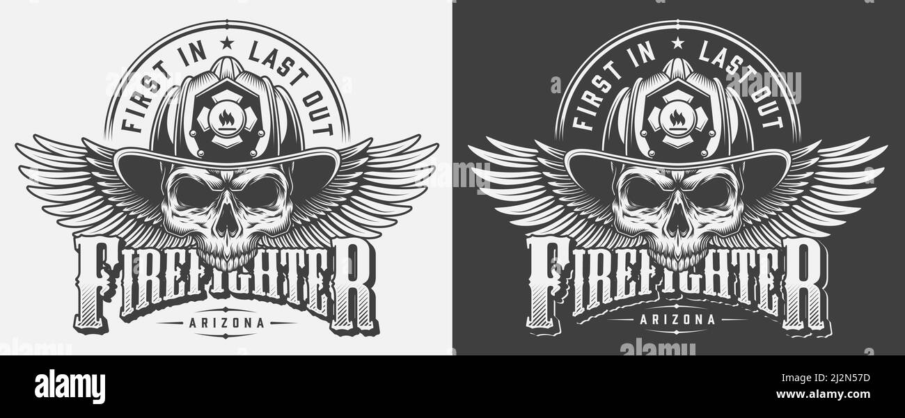 Vintage fireman monochrome prints with inscriptions eagle wing and ...