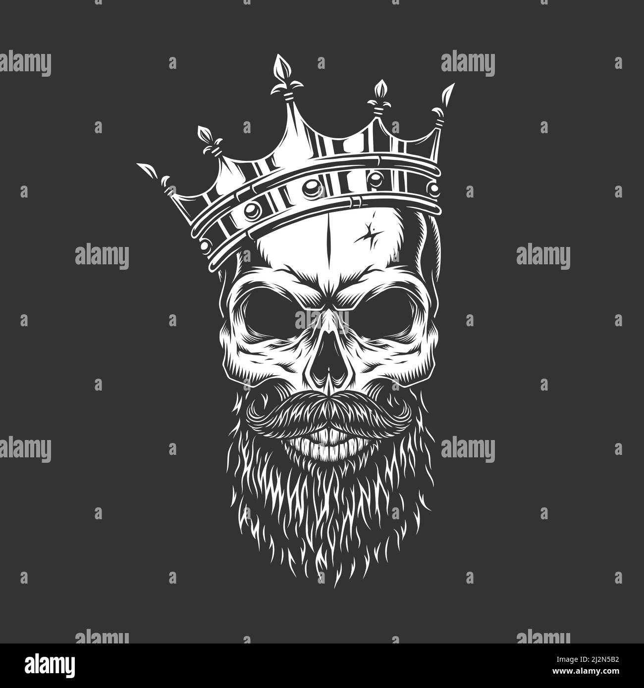 Vintage monochrome prince skull in crown with beard and mustache ...