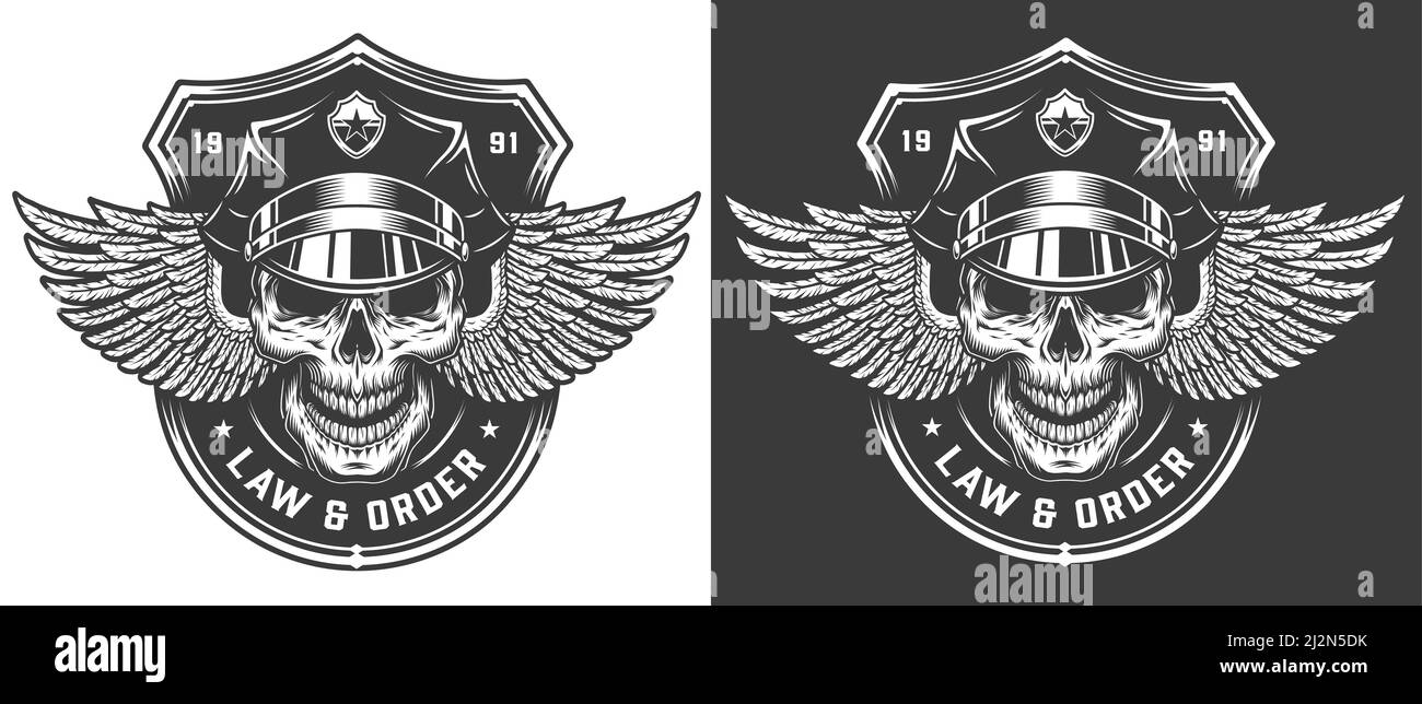 Vintage monochrome police logo template with policeman skull in hat and ...