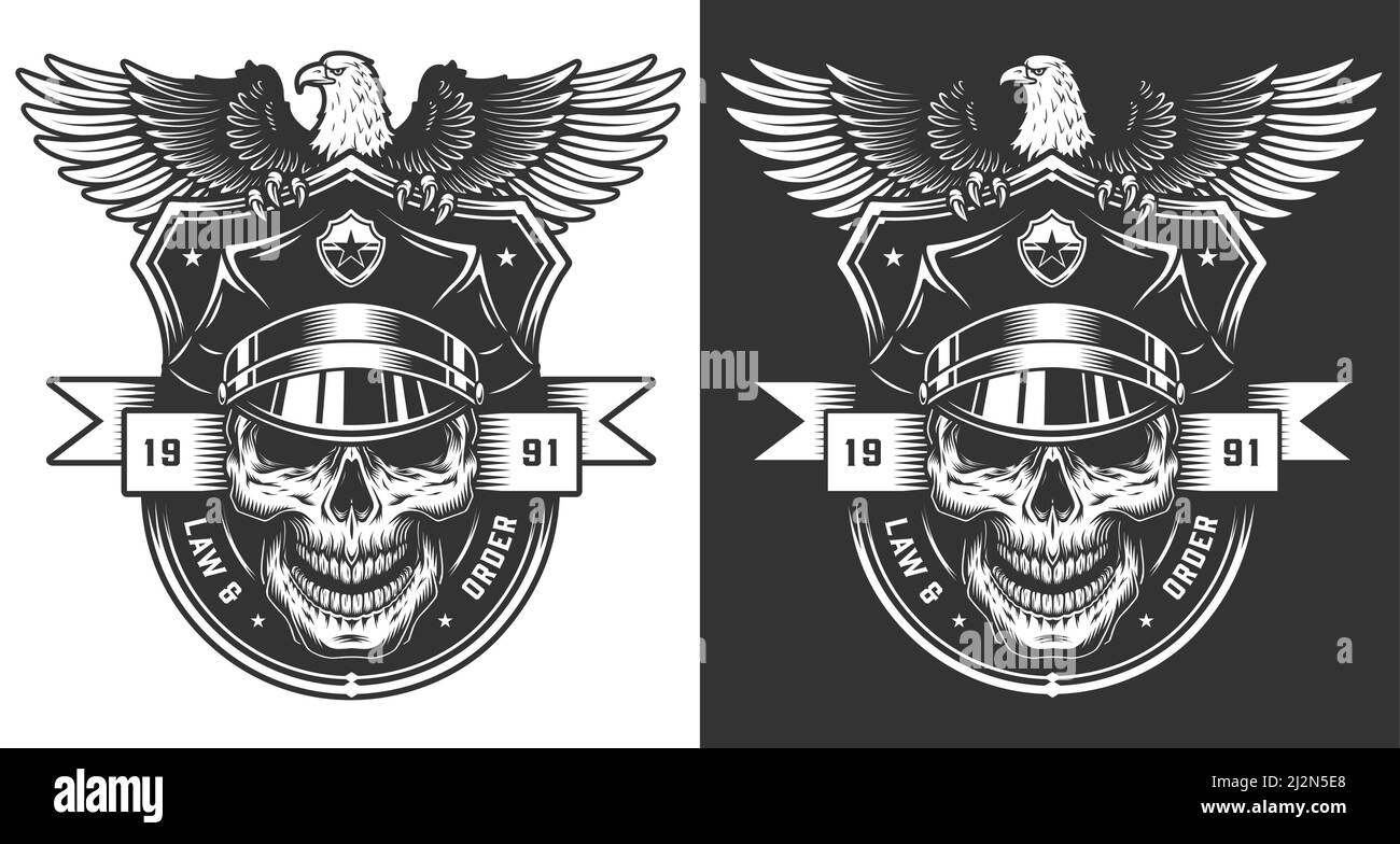 Vintage policeman label concept with skull in police hat and eagle ...