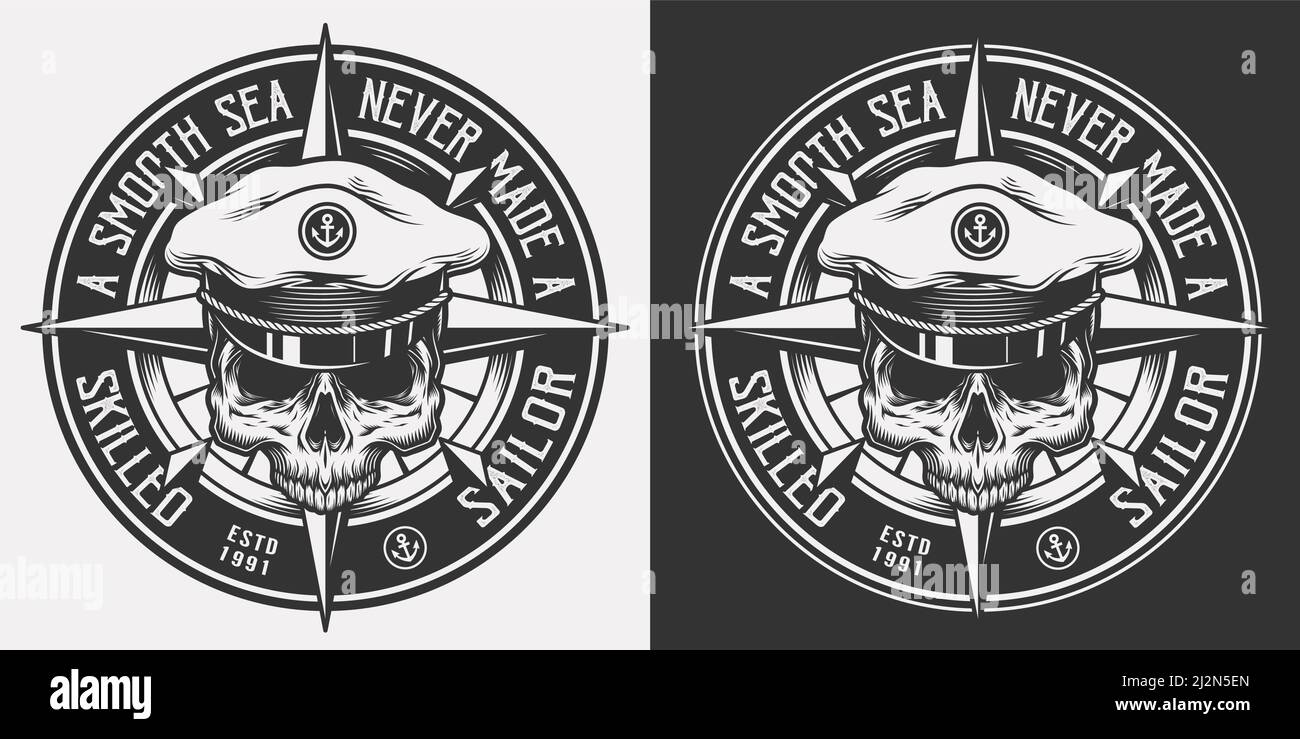 Vintage nautical monochrome emblem with skull in sea captain hat and ...