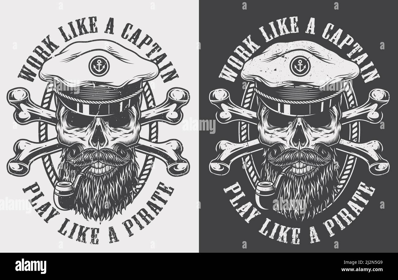Vintage monochrome nautical print with crossed bones and sea captain ...