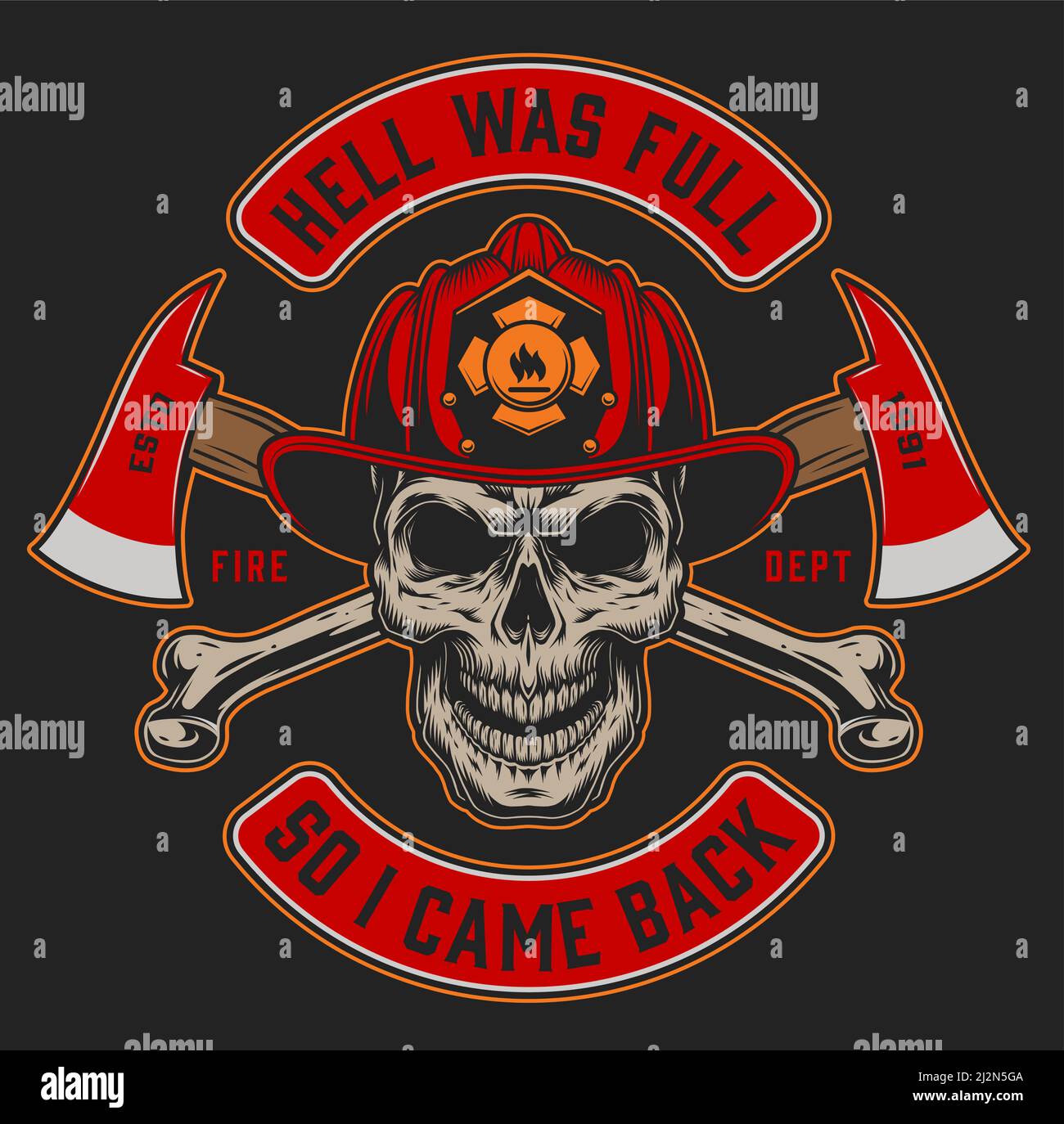 Vintage fireman logo colorful template with crossed axes and skull in ...