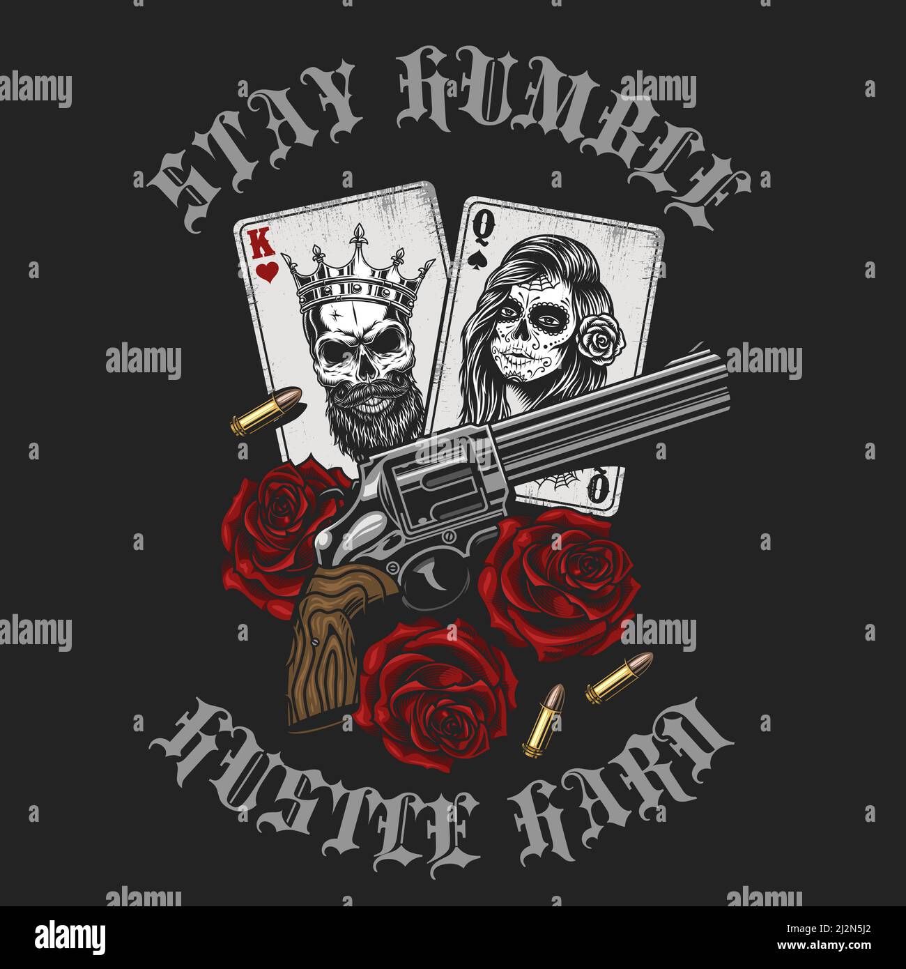 Gangsta concept with playing card, roses and revolver. Vector ...