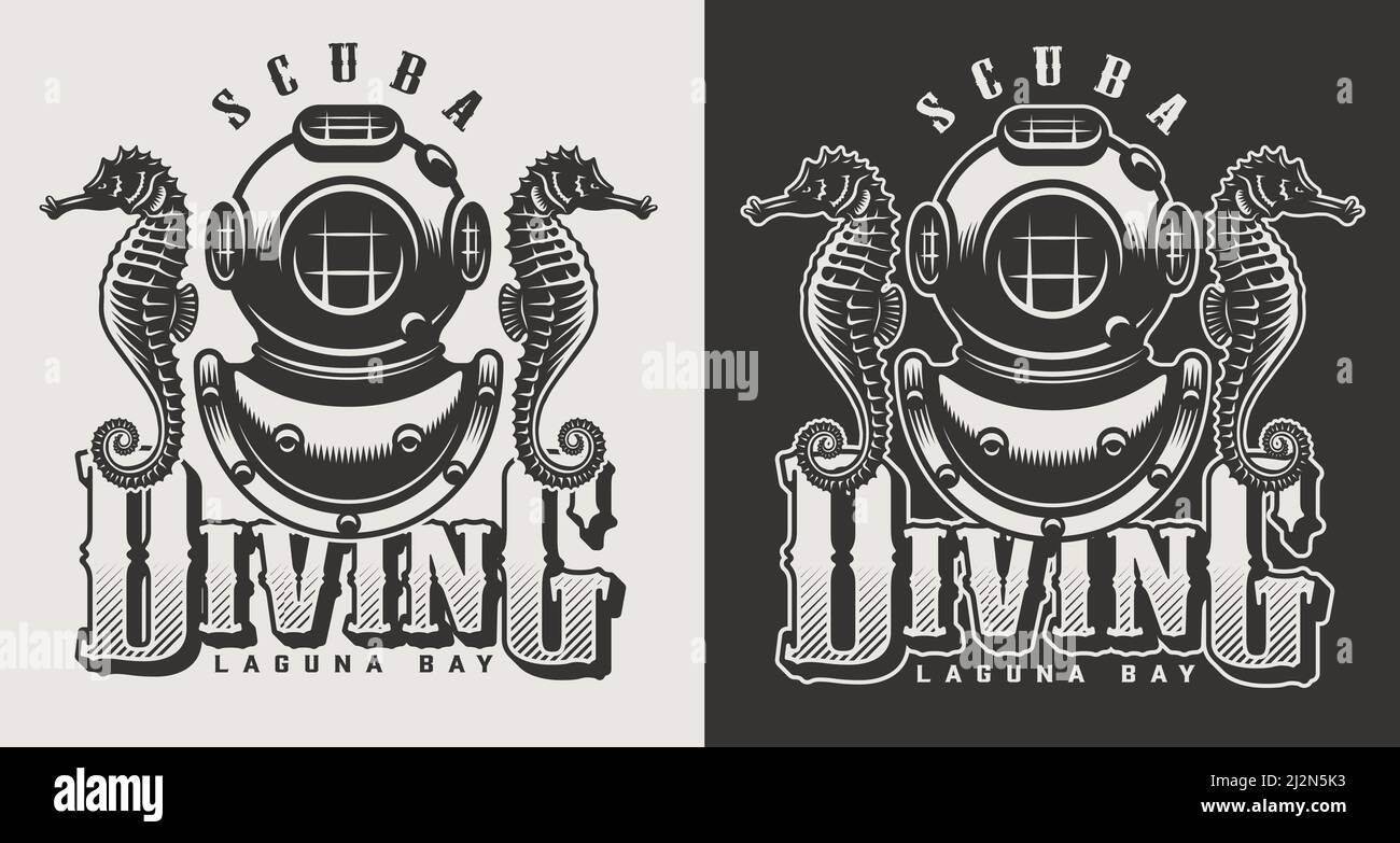 Vintage diving labels with seahorses and dive helmet in monochrome ...