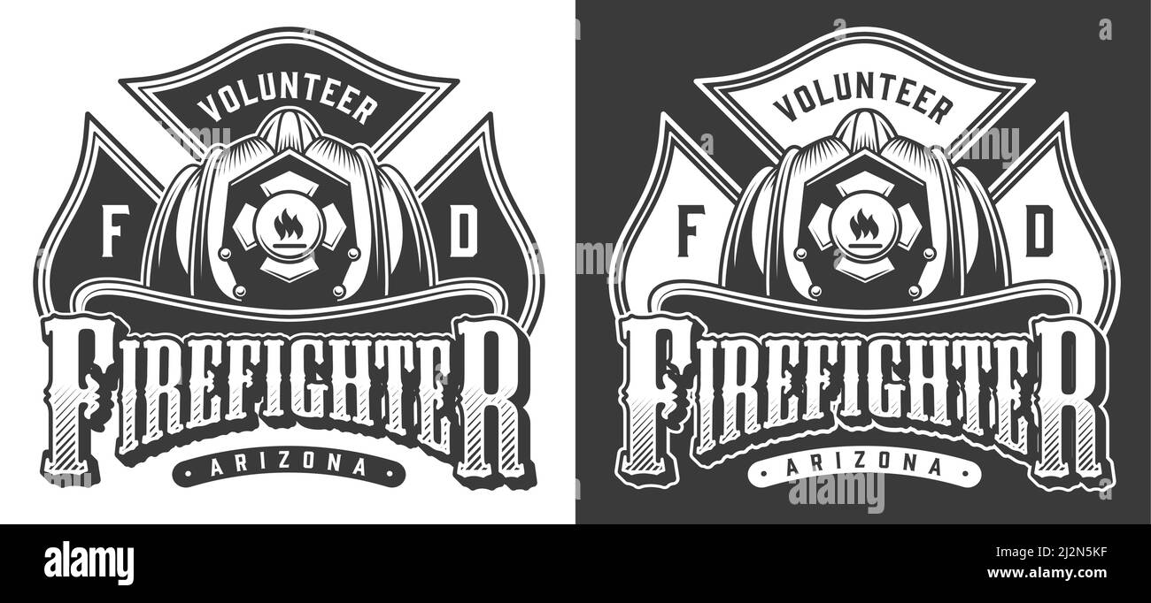 Vintage firefighter logos with inscriptions and fireman helmet in ...