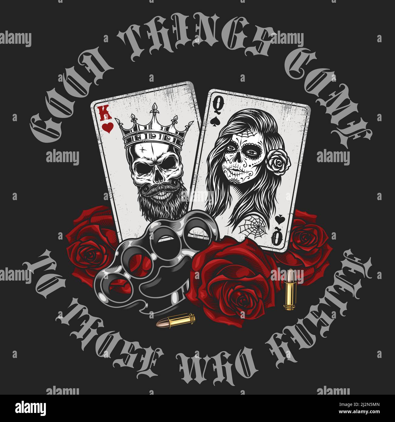 Gangsta concept with playing card, roses and knuckles. Vector ...