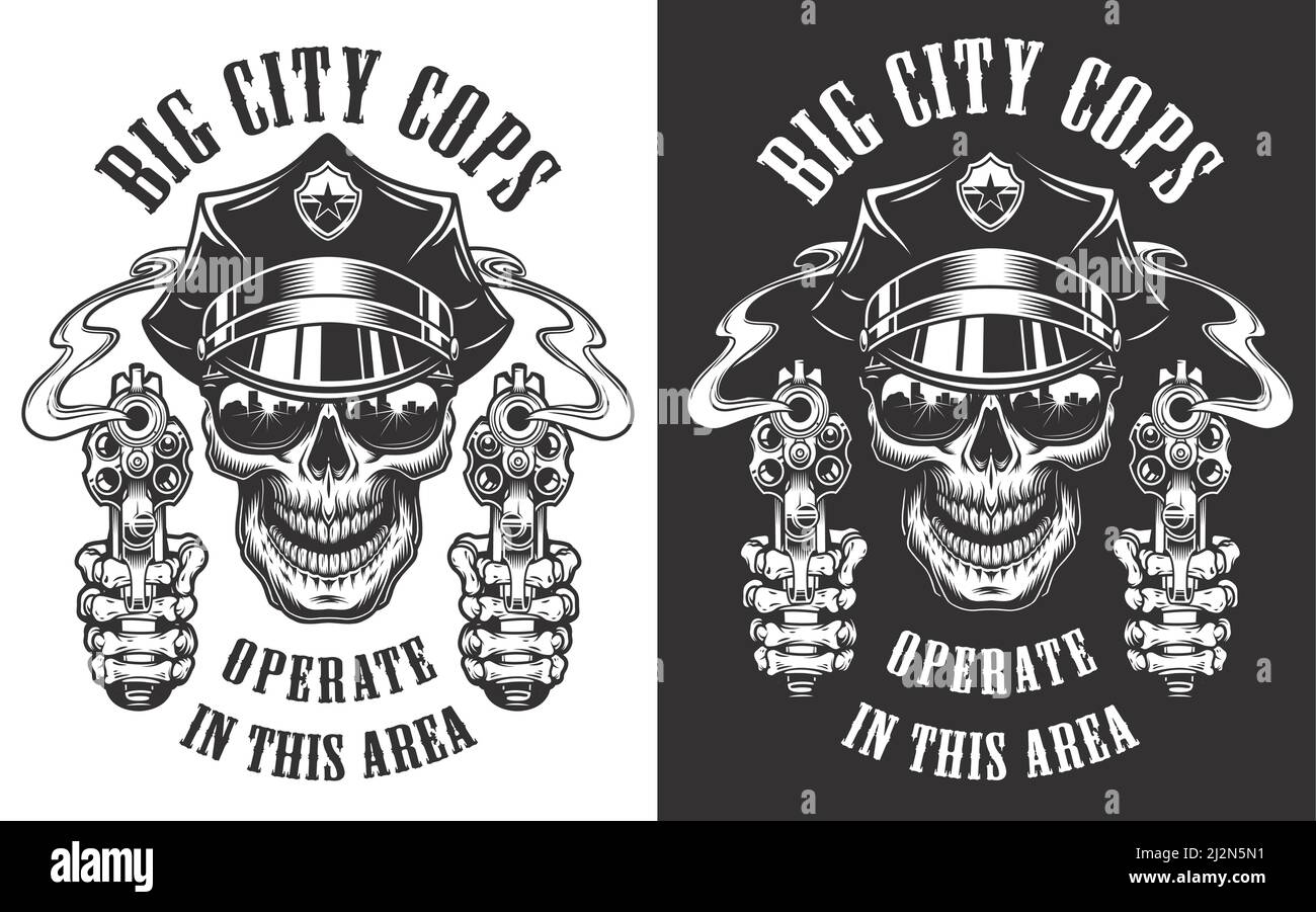 Monochrome police emblems with skull wearing policeman hat sunglasses ...
