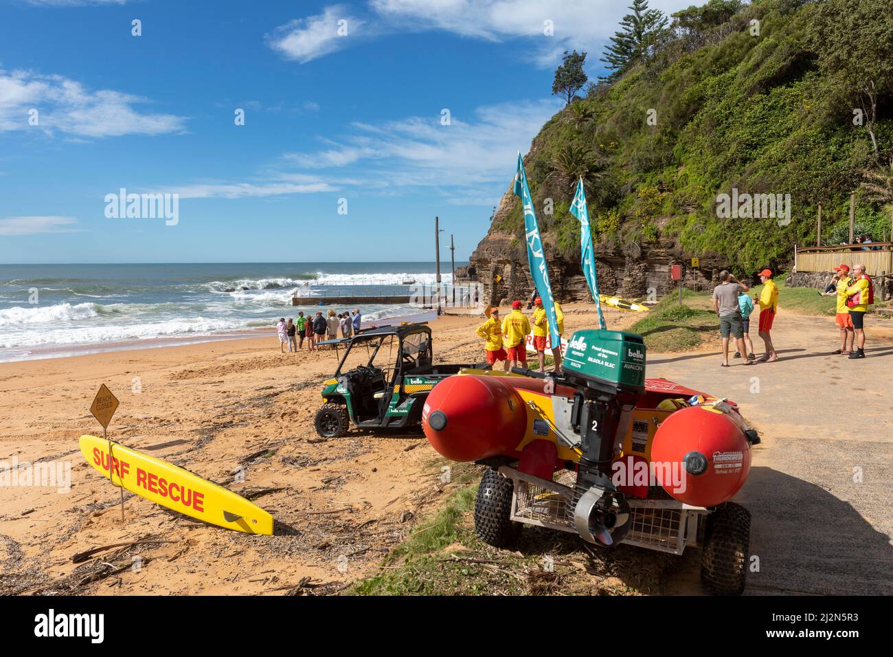 Bilgola Beach in Sydney with the volunteer surf rescue team and red ...