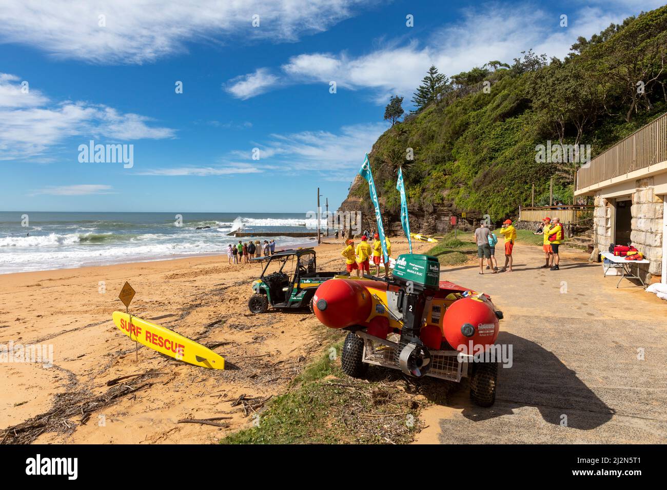 Bilgola Beach in Sydney with the volunteer surf rescue team and red ...