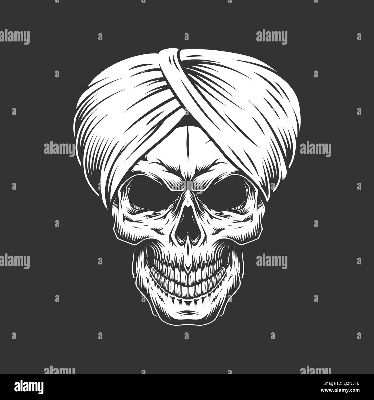 Vintage skull in indian traditional turban in monochrome style isolated ...