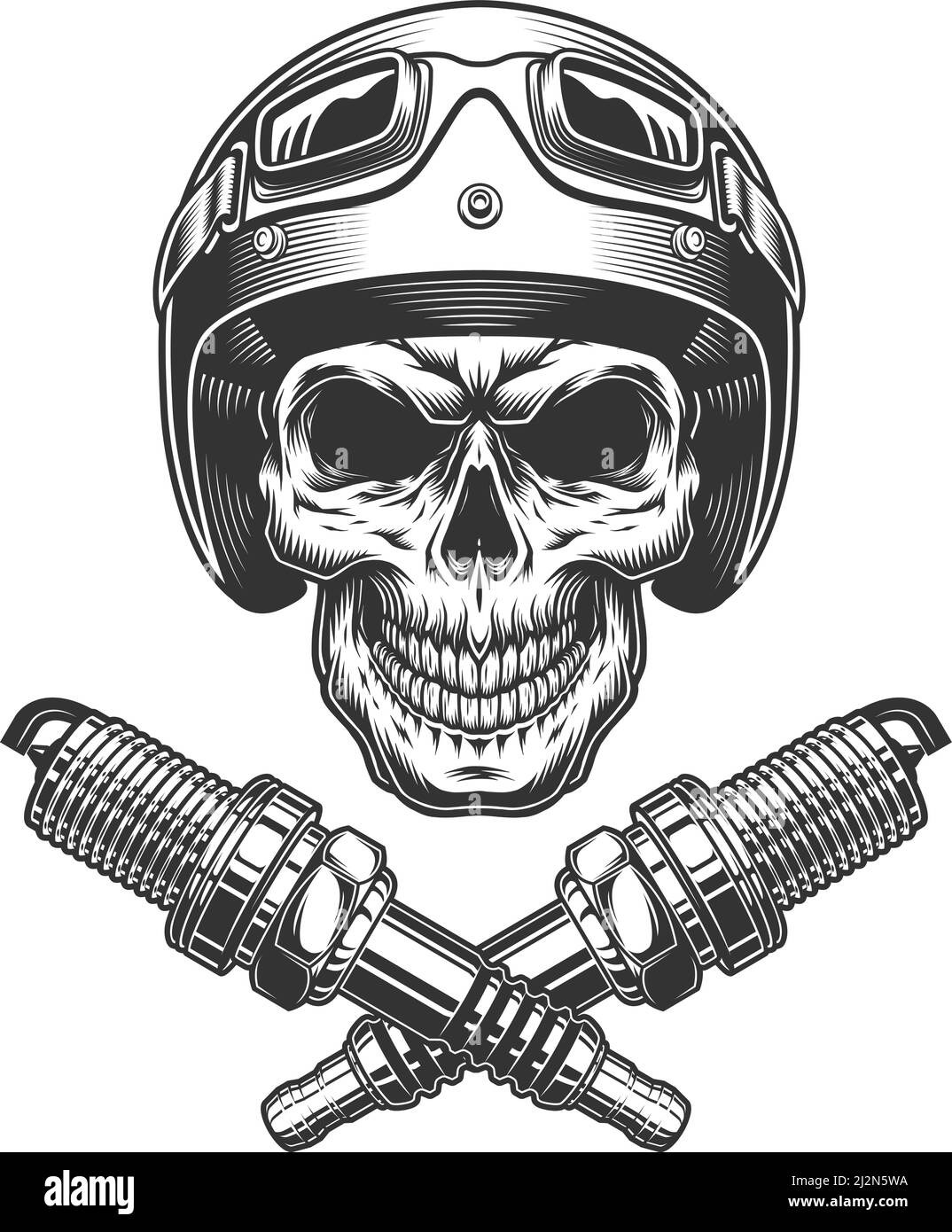 Vintage motorcycle rider skull in moto helmet goggles and crossed ...