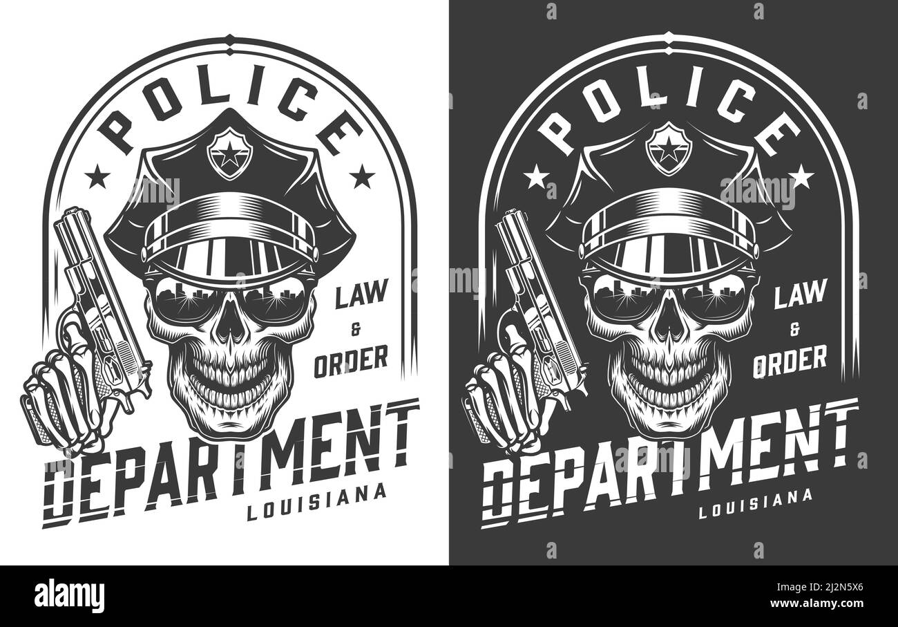 Vintage policeman emblem concept with skull in police hat and skeleton ...