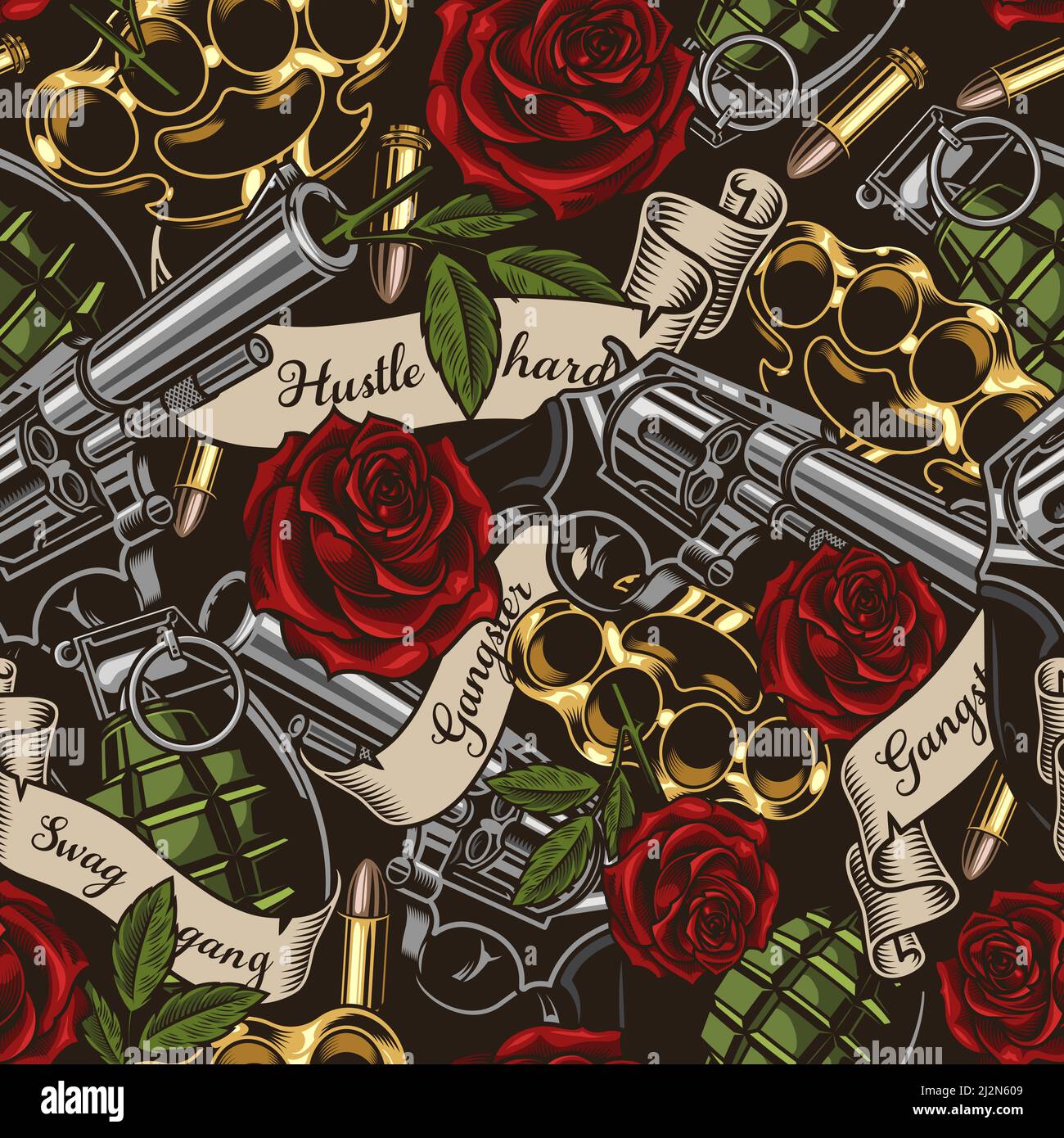 Seamless vector pattern. Vector illustration with revolvers, roses, and ...